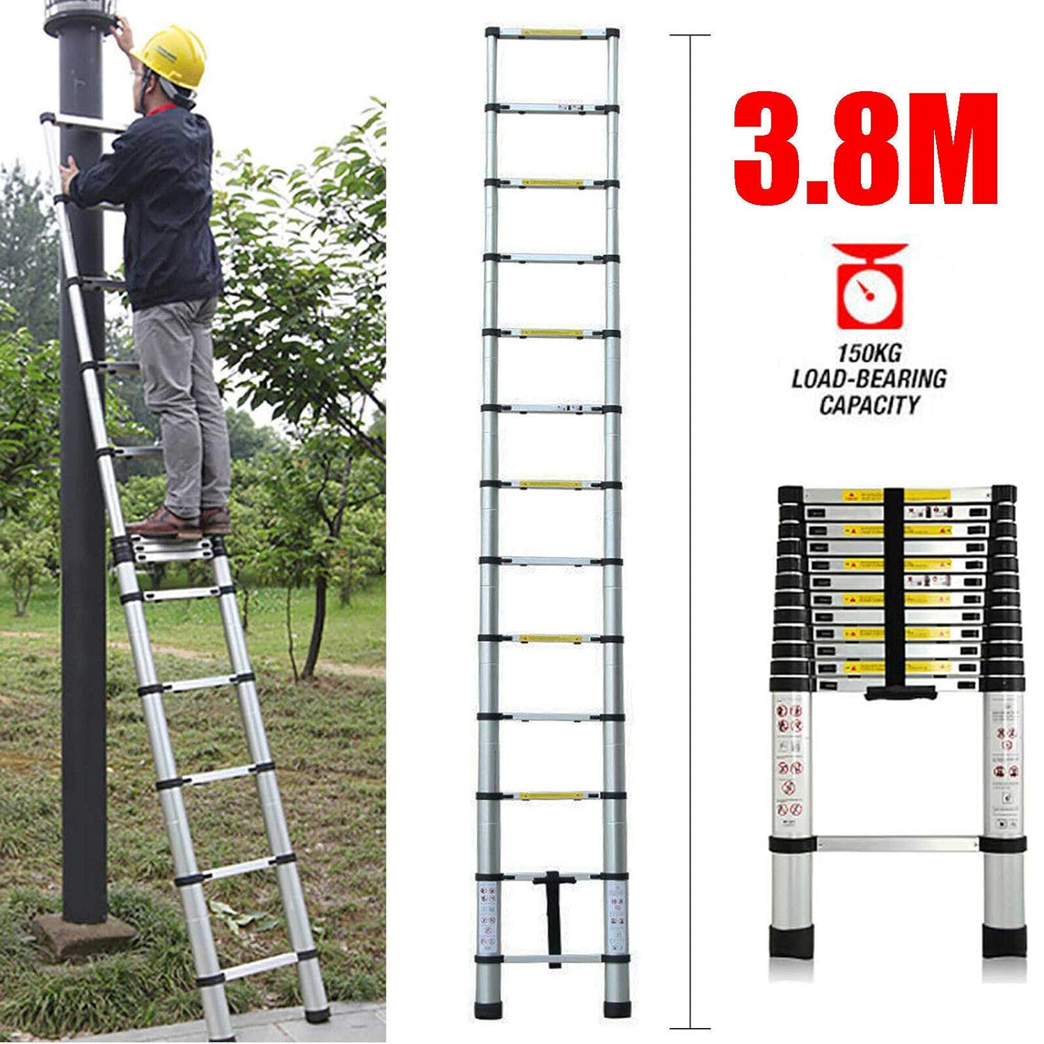 4.7M Telescopic Ladder Heavy Duty Aluminum Folding Ladder Collapsible ...