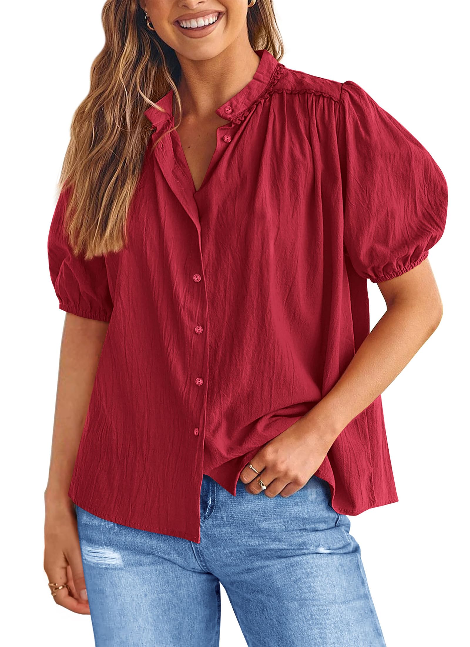 PRETTYGARDEN Women's Summer Button Down Shirts Short Lantern Sleeve V ...