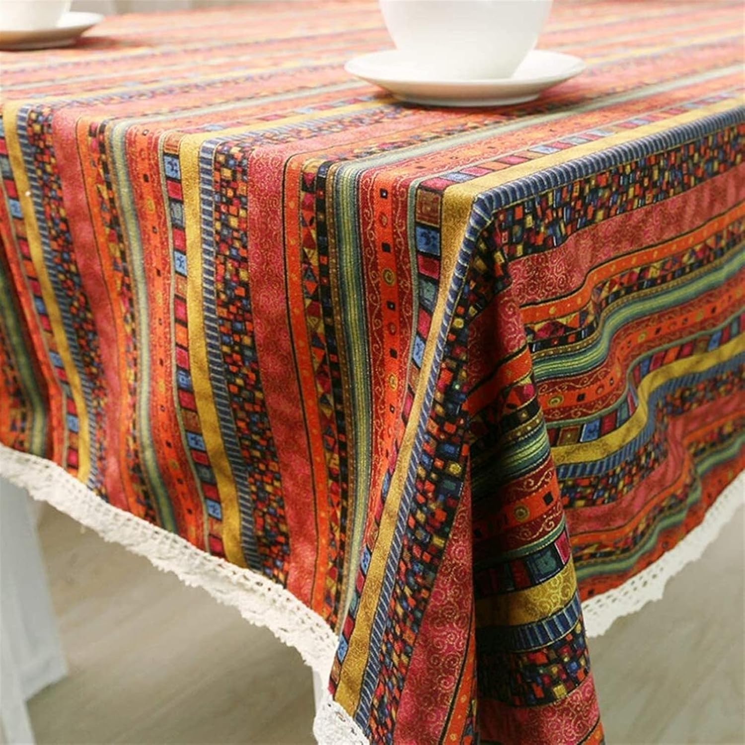 xinchen Red Bohemian Style Rectangle Tablecloth Geometric Design Cotton ...
