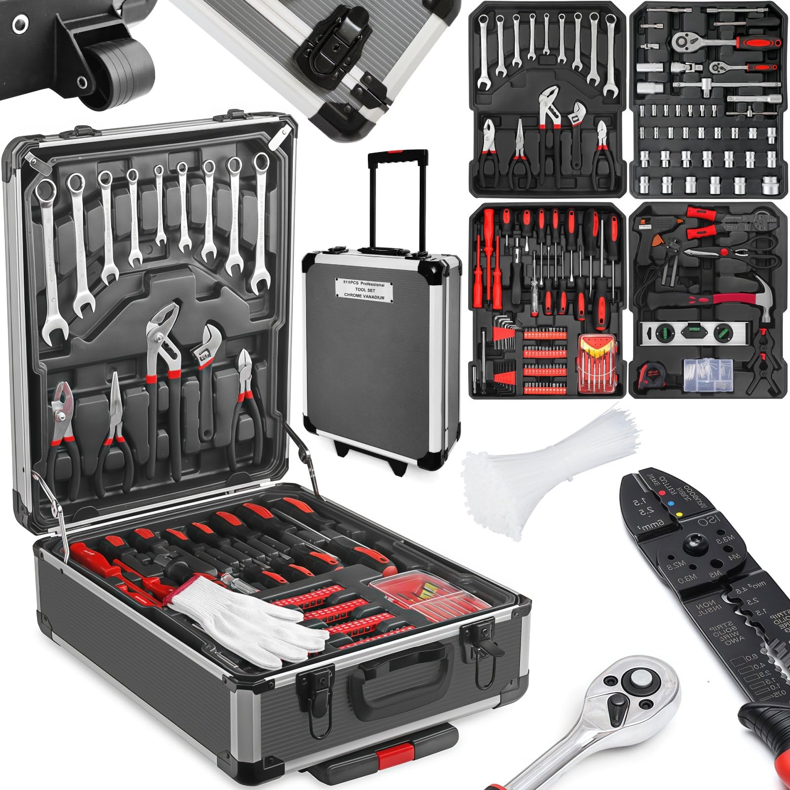 810 Pcs Tool Set Case Mechanics Kit Box Organize Castors Toolbox ...