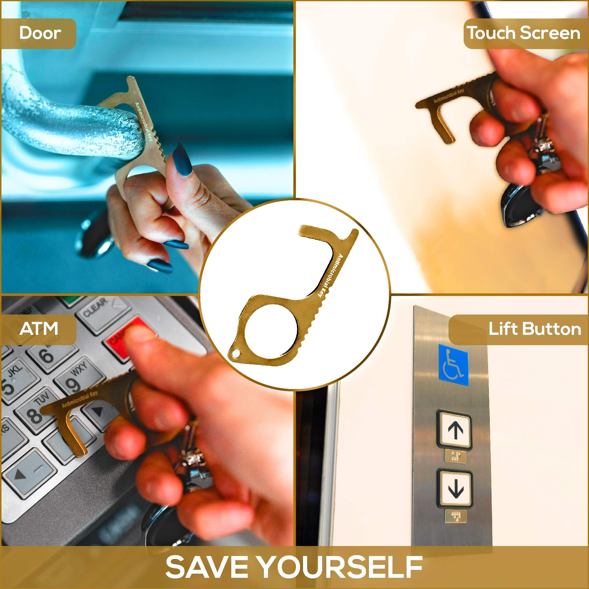 Touchless Door & Button opener Antimicrobial Brass Germ Key