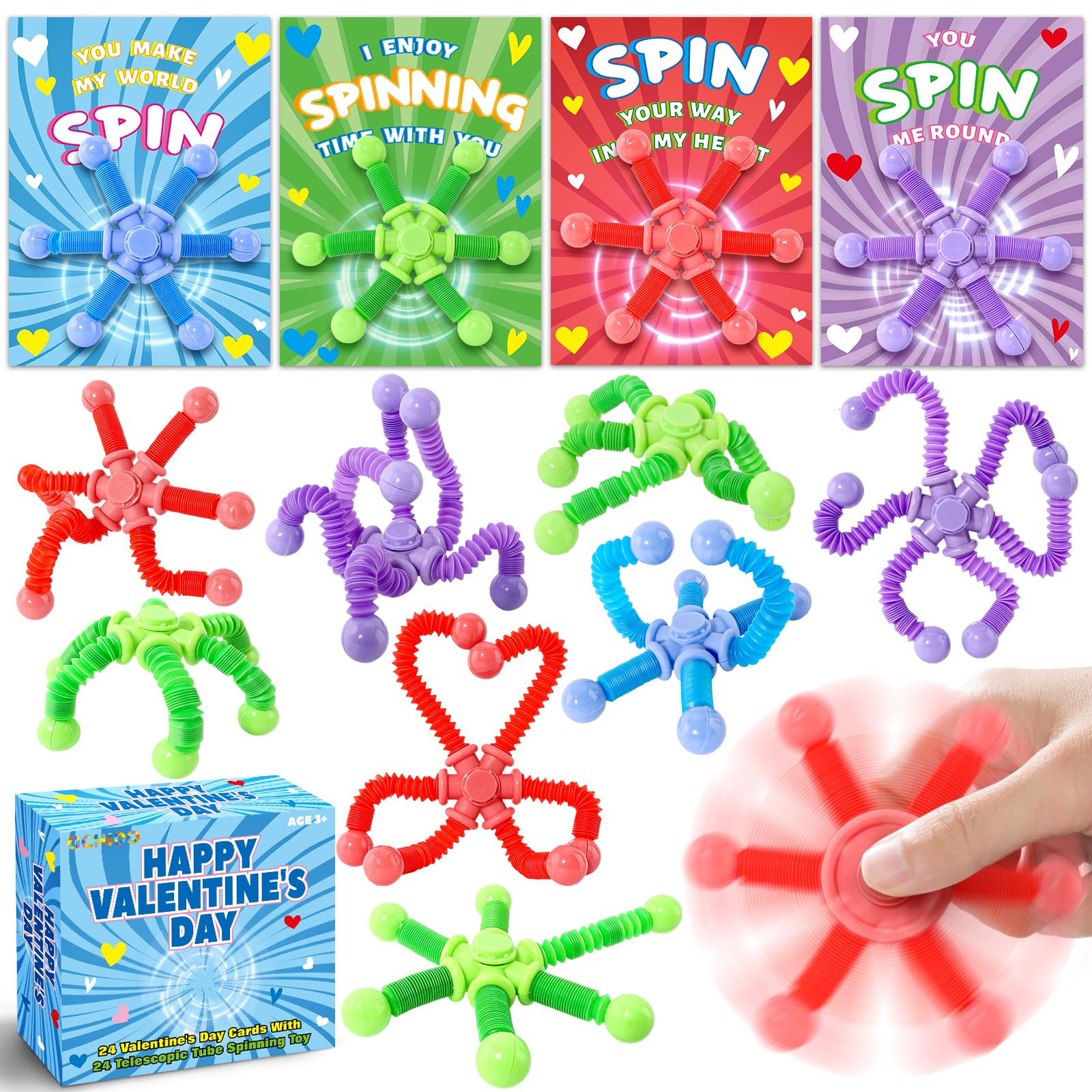 OCHIDO 24 Pack Valentines Day Cards for Kids with Pop Tubes Fidget ...