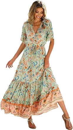 R.Vivimos Womens Summer Cotton Short Sleeve V Neck Floral Print Casual Bohemian Midi Dresses at ...