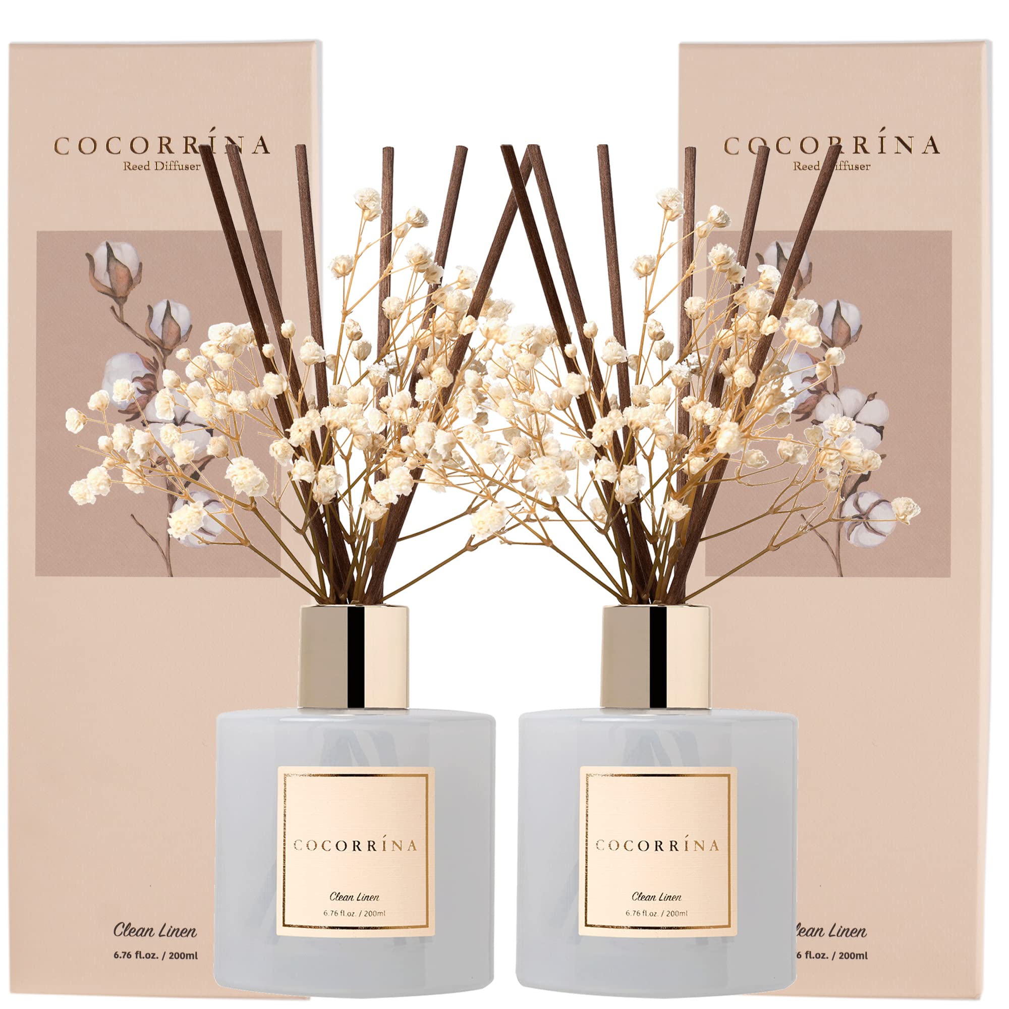 Cocorrína Reed Diffuser Set, 6.7 oz Clean Linen 2 Packs Scented ...