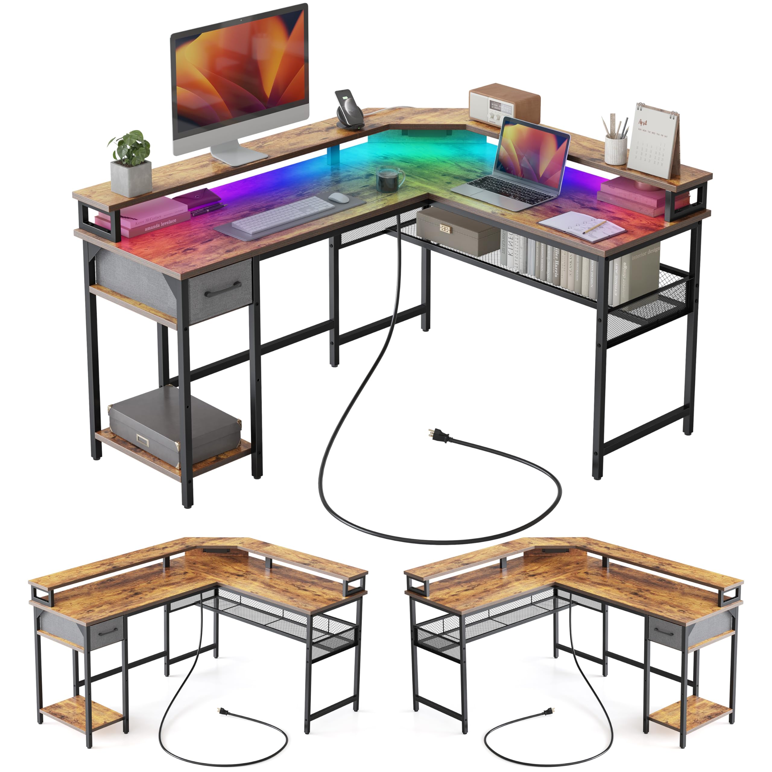 CubiCubi L Shaped Gaming Desk with LED Lights and Power Outlets, 58 ...