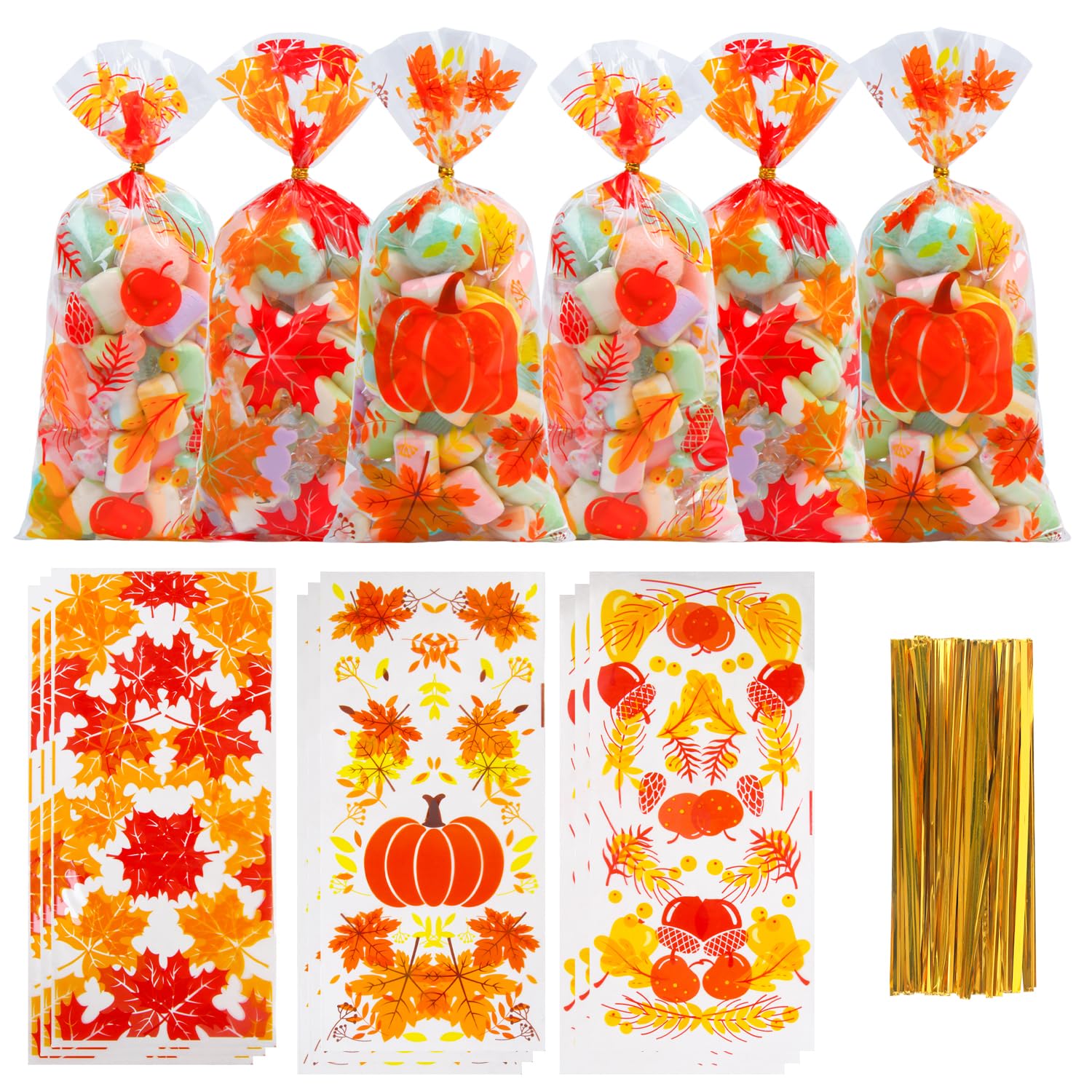 DIYASY Fall Cellophane Treat Bags,120 Pcs Autumn Maple Leaves Pumpkin ...