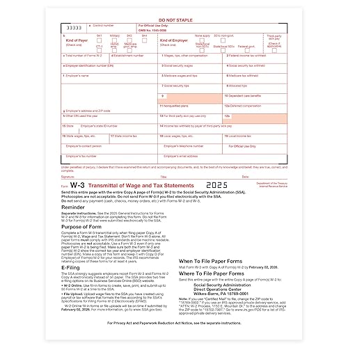 W3 Transmittal Tax Forms 2025, 10 Form W-3 Summary Laser Forms for ...