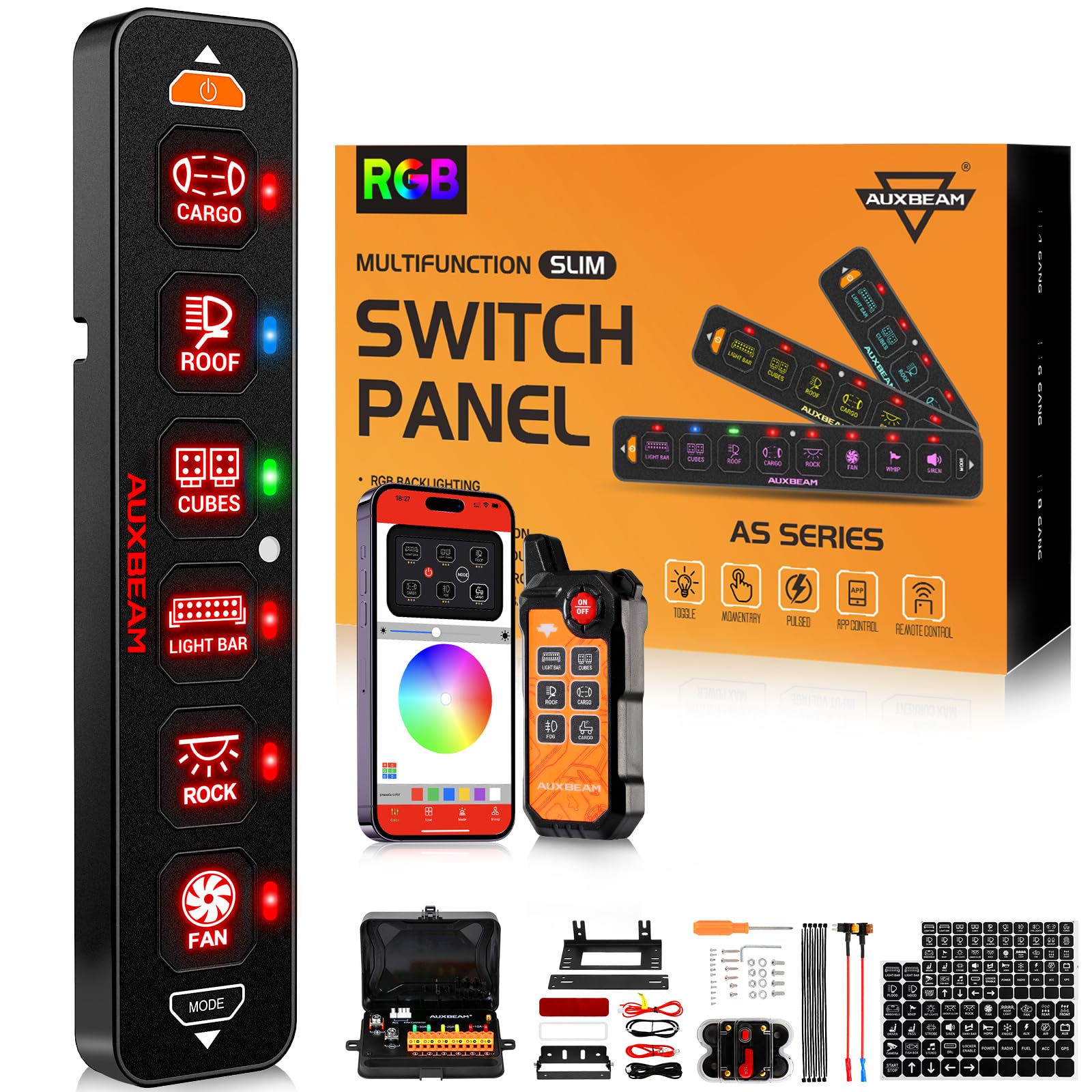 Auxbeam 6 Gang Slim Switch Panel Bluetooth RGB AS-600 with APP&Wireless ...