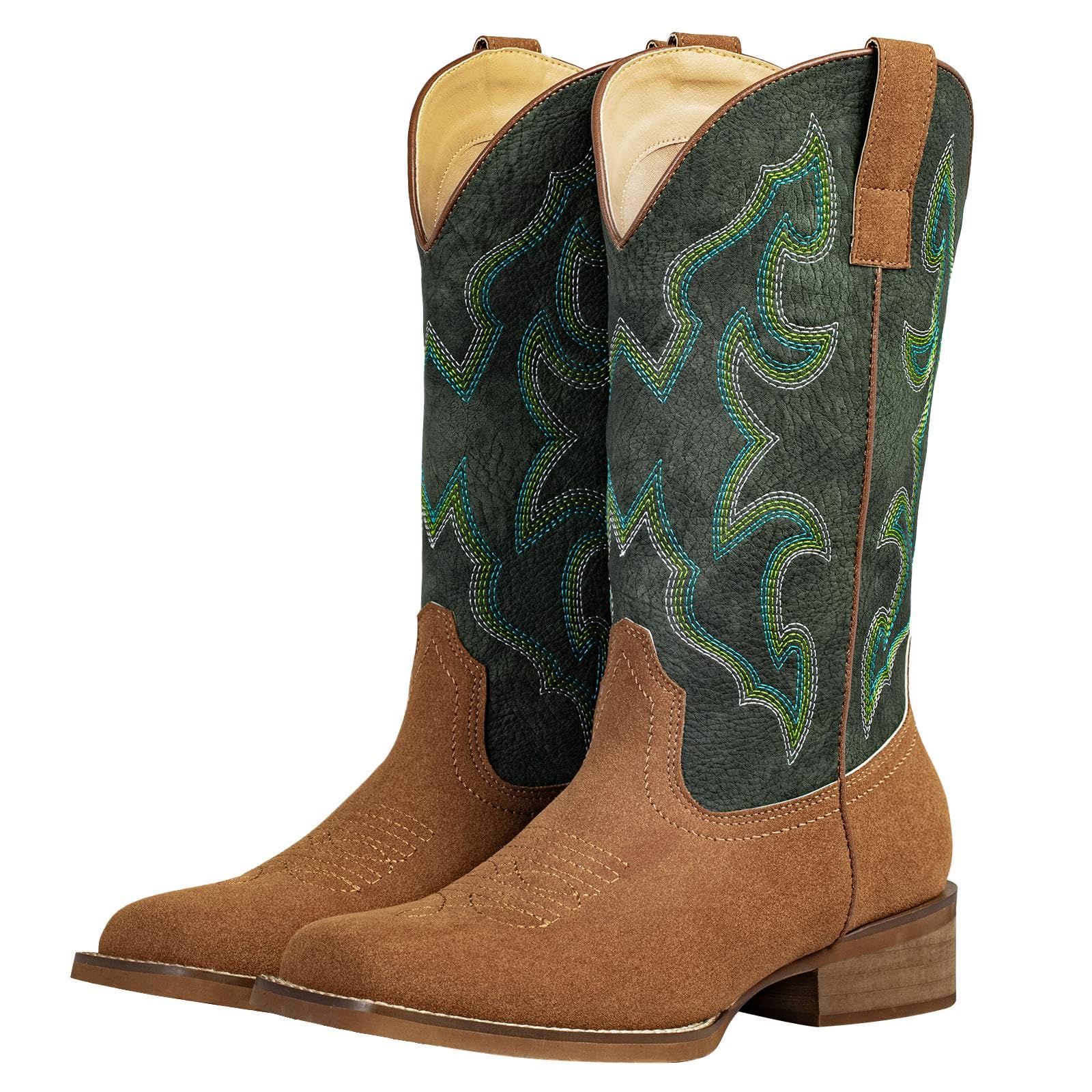 SheSole Square Toe Two-Tone Cowboy Boots for Women Green Cowgirl ...