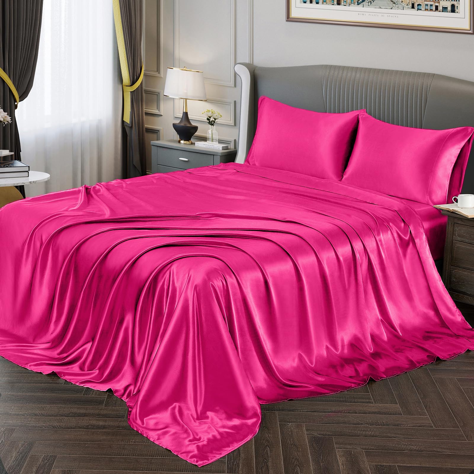 Vonty Satin Sheets Full Size Silky Soft Satin Bed Sheets Hot Pink Satin ...