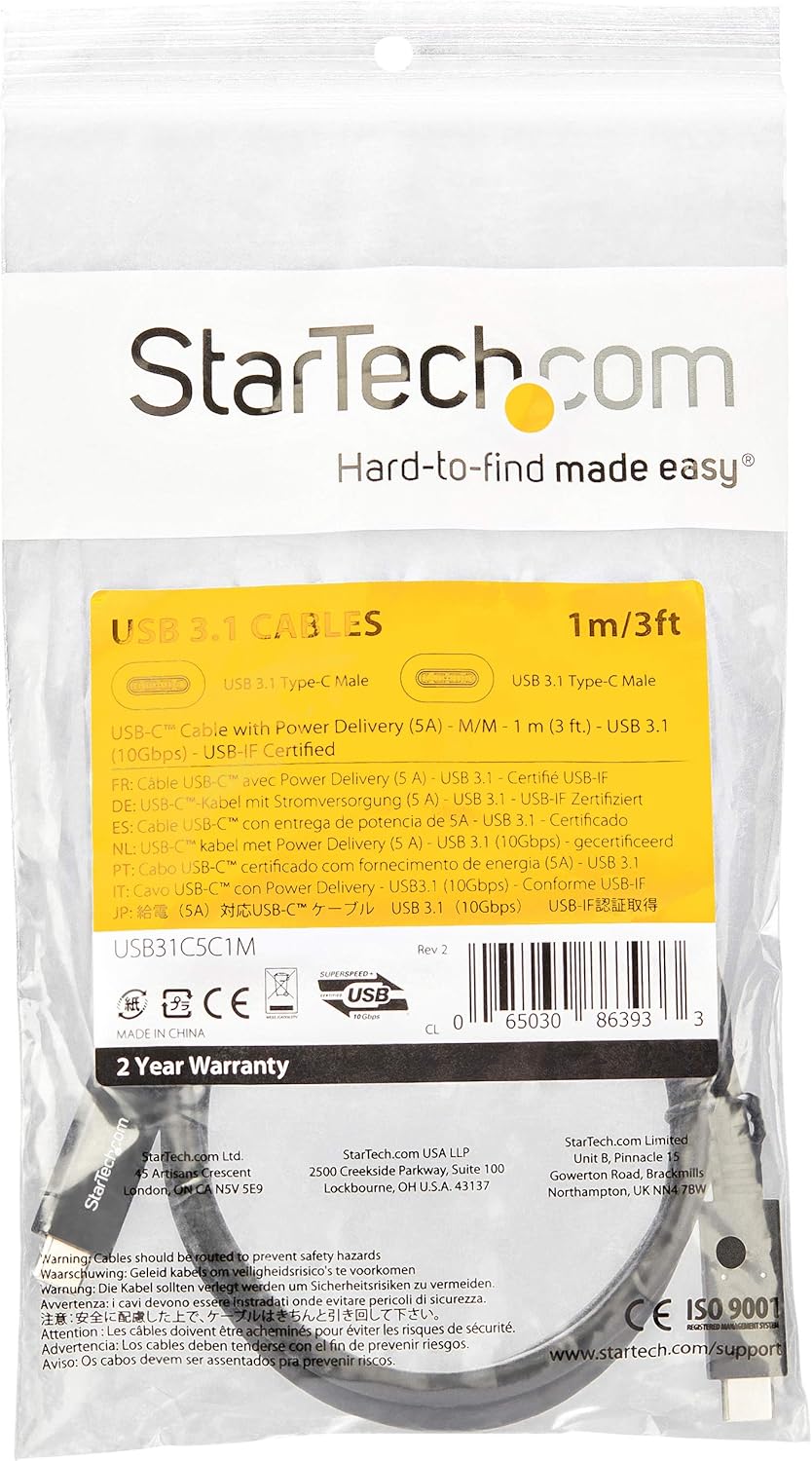 StarTech USB C Cable – 3 ft / 1m – with Power Delivery (USB PD) – Power ...