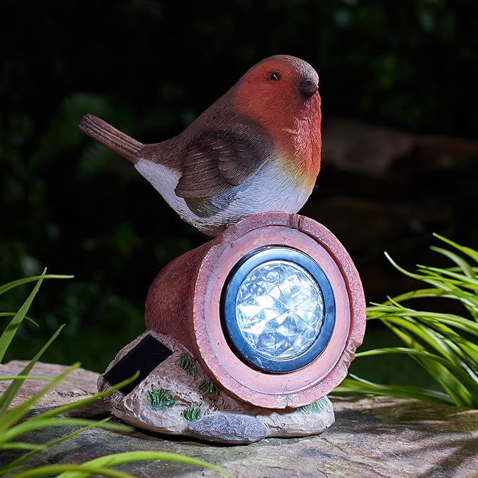 Solar Power Robin Perched on a Plant Pot LED Decorative Rock Light ...