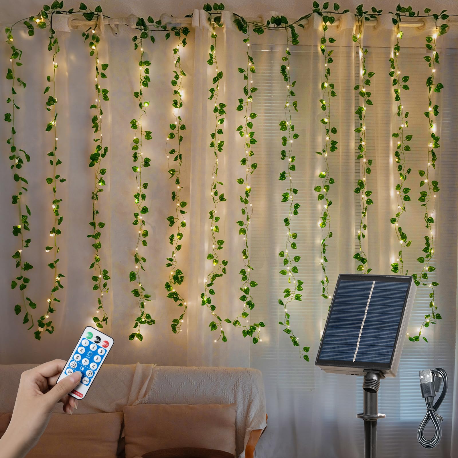 Vroxue Solar Vine String Lights, Solar Outdoor Lights& USB Indoor ...