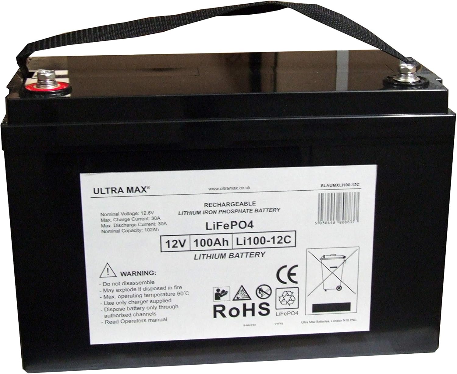 ULTRAMAX LI100-12C 12V 100A LITHIUM PHOSPHATE BATTERY: Amazon.co.uk ...
