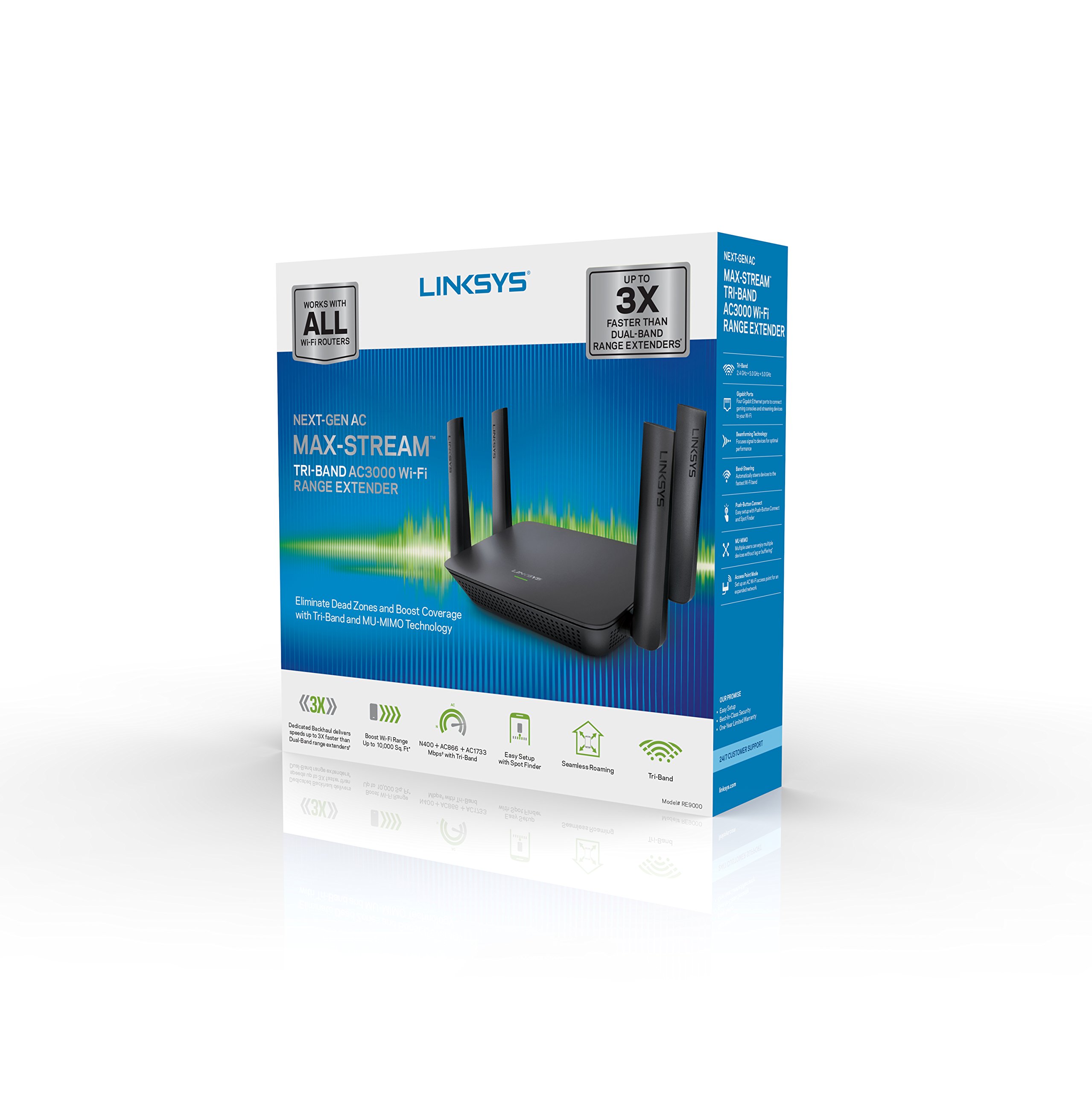 Linksys AC3000 Max-Stream Tri-Band Wi-Fi Range Extender, Black (RE9000)