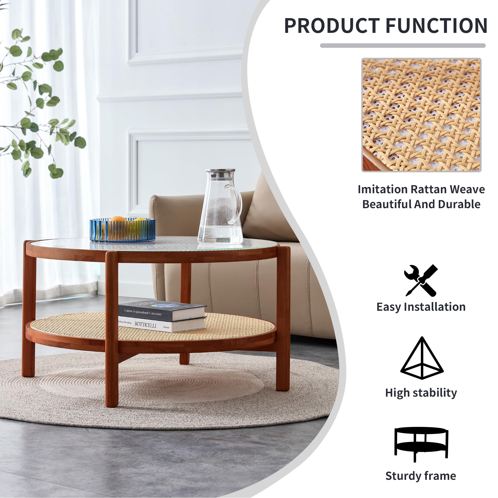 RUNNA Modern Simple Circular Double-Layer Solid Wood Tea Table Rattan ...