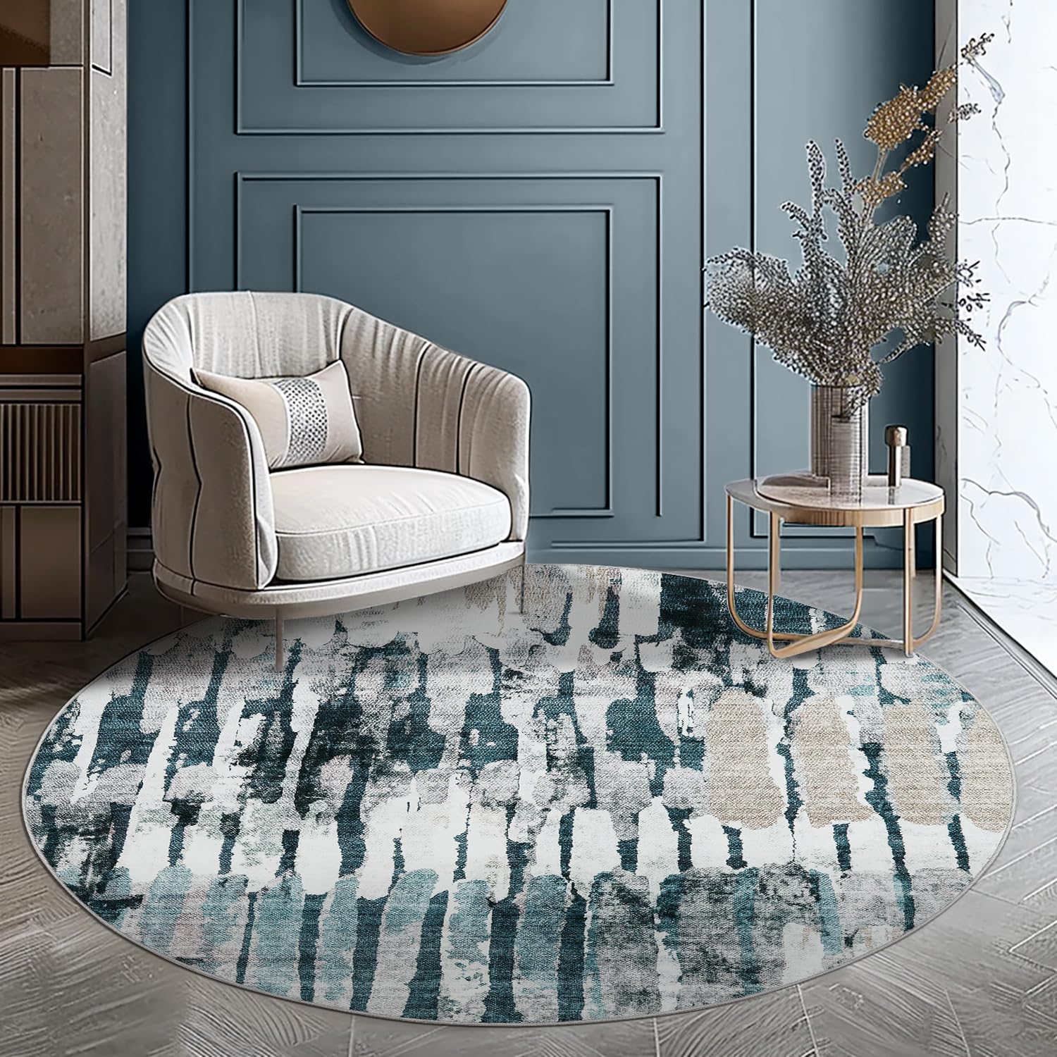 jinchan Round Rug 5ft Modern Abstract Washable Bedroom Circle Rug Blue ...