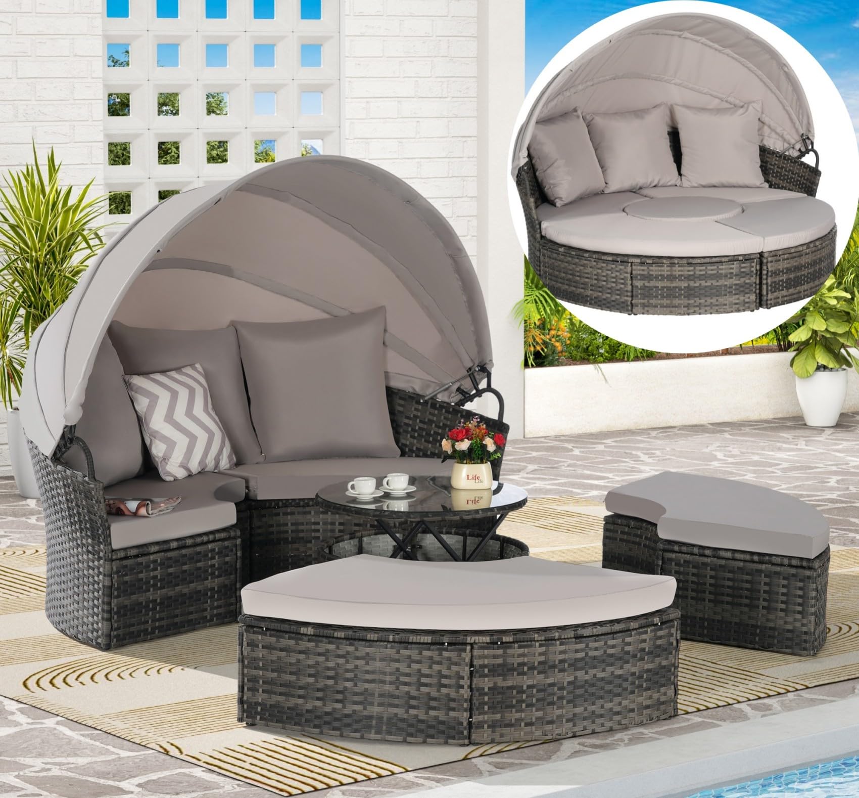 KEIKI Outdoor Patio Round Sleeper Couch Daybed with Center Table ...