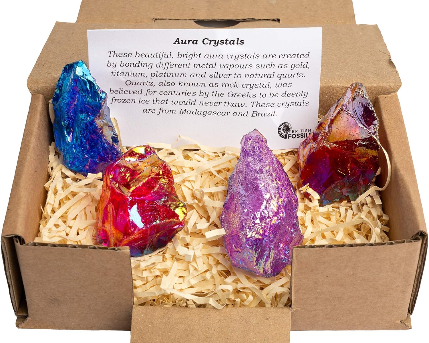 British Fossils Aura Crystal Collection – Set of 4 Gift Boxed Crystals ...