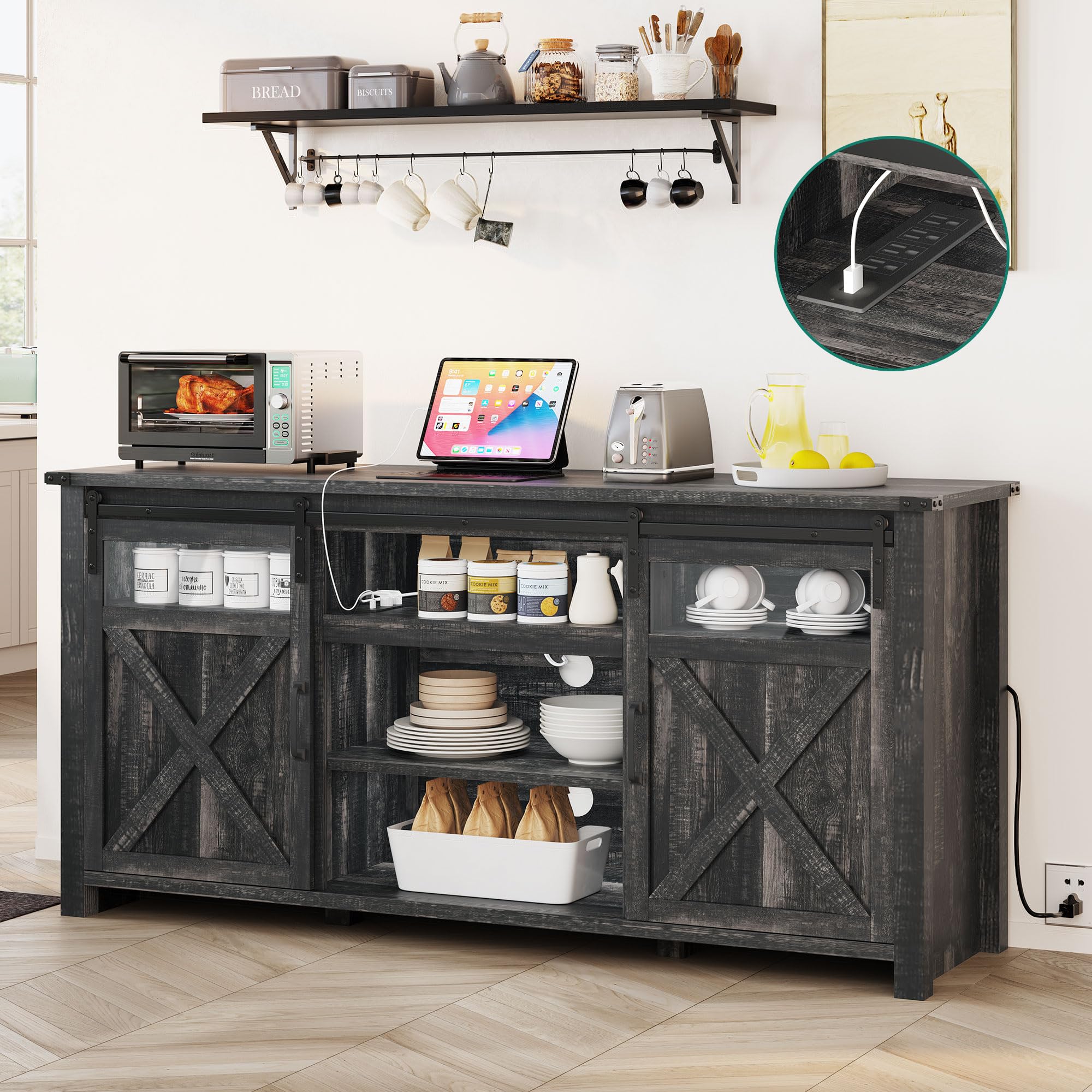 YITAHOME Buffet Storage Cabinet with Power Outlets, 66'' Farmhouse ...