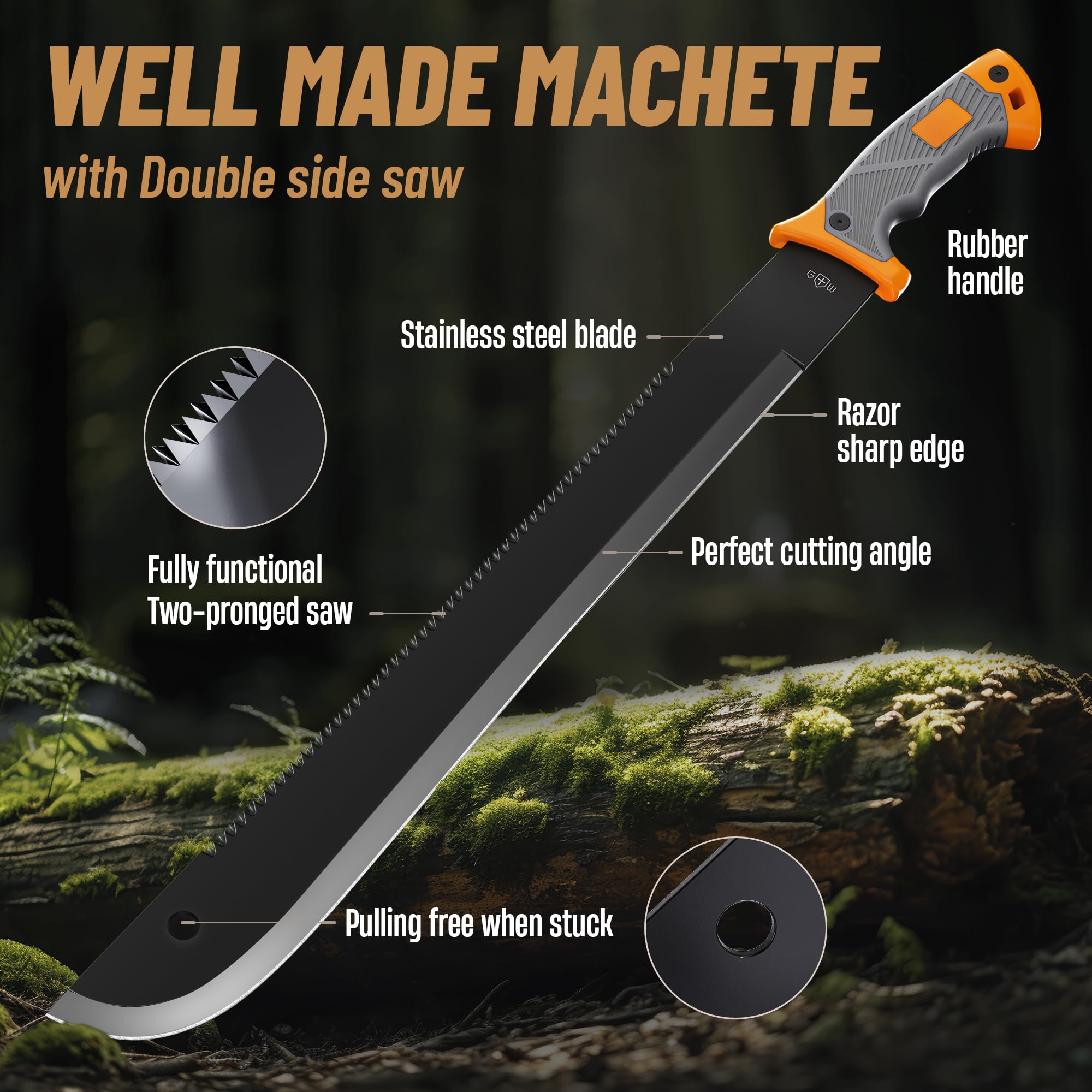 Machete With Saw - 25” Heavy Duty Tool & Sheath - Ergonomic No-Slip ...