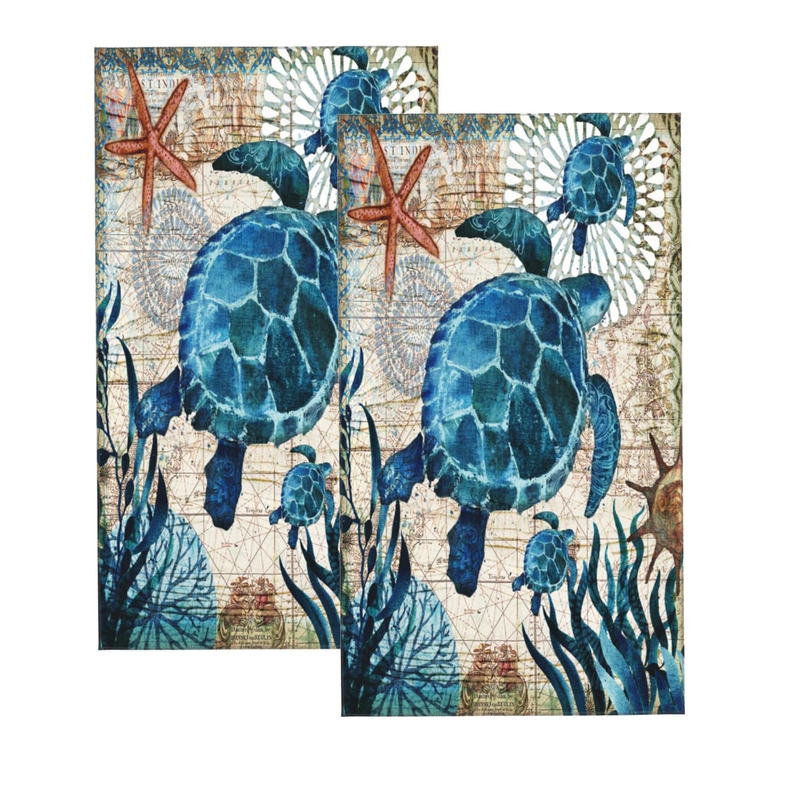 Sea Turtle Hand Towels for Bathroom Set of 2 Vintage Ocean Beach Theme ...