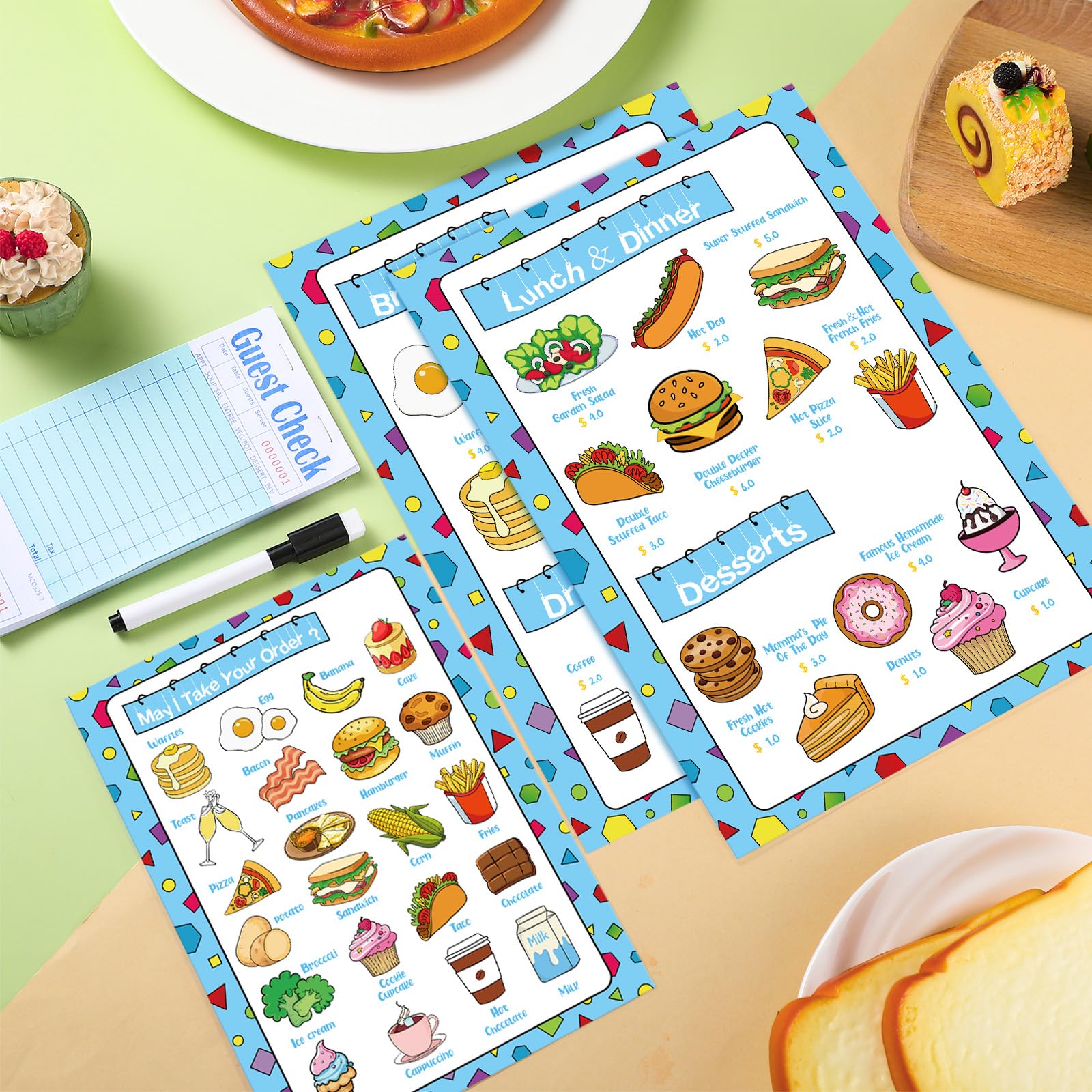 Mua 6 Pcs Pretend Play Restaurant Menus Toy Set for Kids, Kitchen Food ...