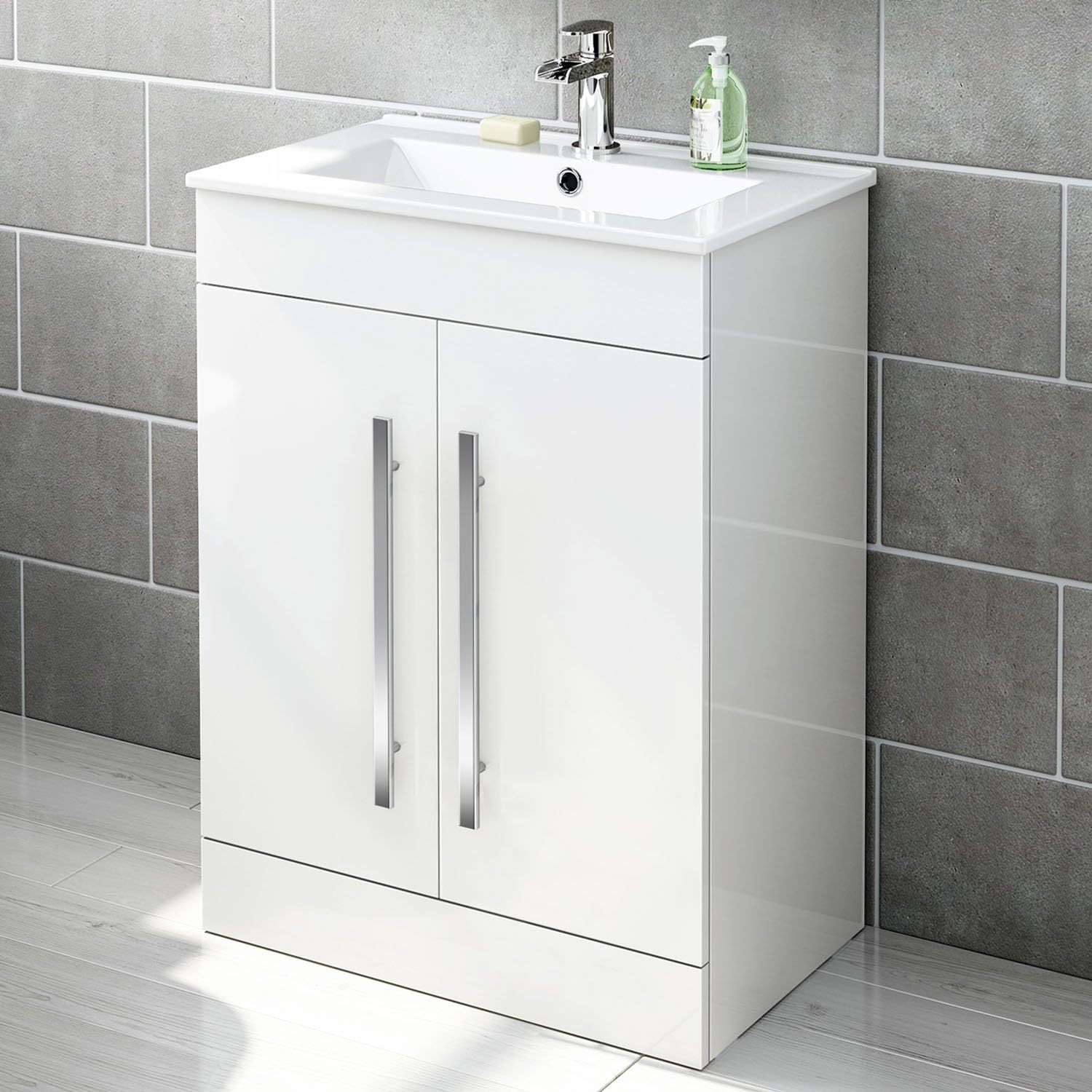 600 mm White Gloss Vanity Sink Unit Ceramic Basin Bathroom Storage ...
