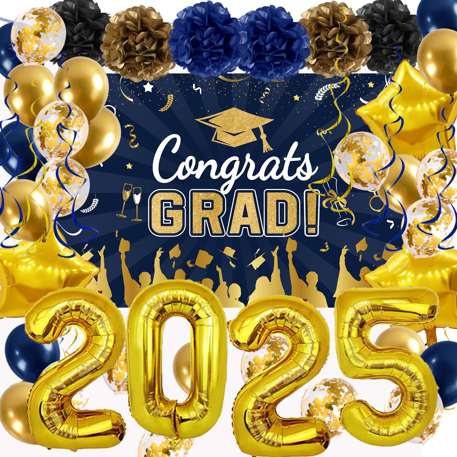 Graduation Decorations Class of 2025, Navy Blue Gold Graduation Decor ...