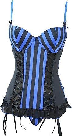 Seductive Blue & Black Stripe Basque, Ribbon lace up, suspenders ...