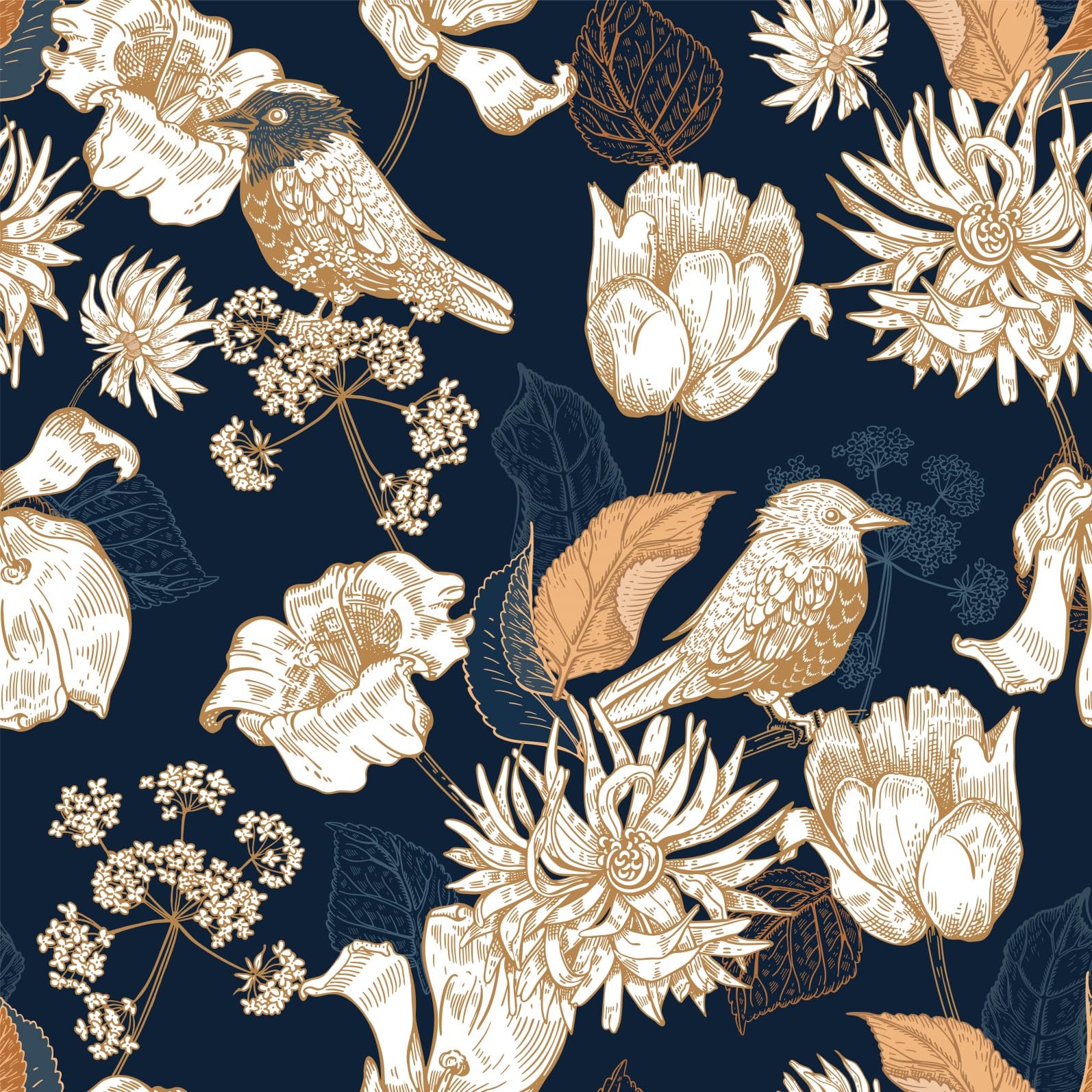 MAGAFA Vintage Dark Blue Gold Floral Wallpaper Garden Bird Flower Peel ...