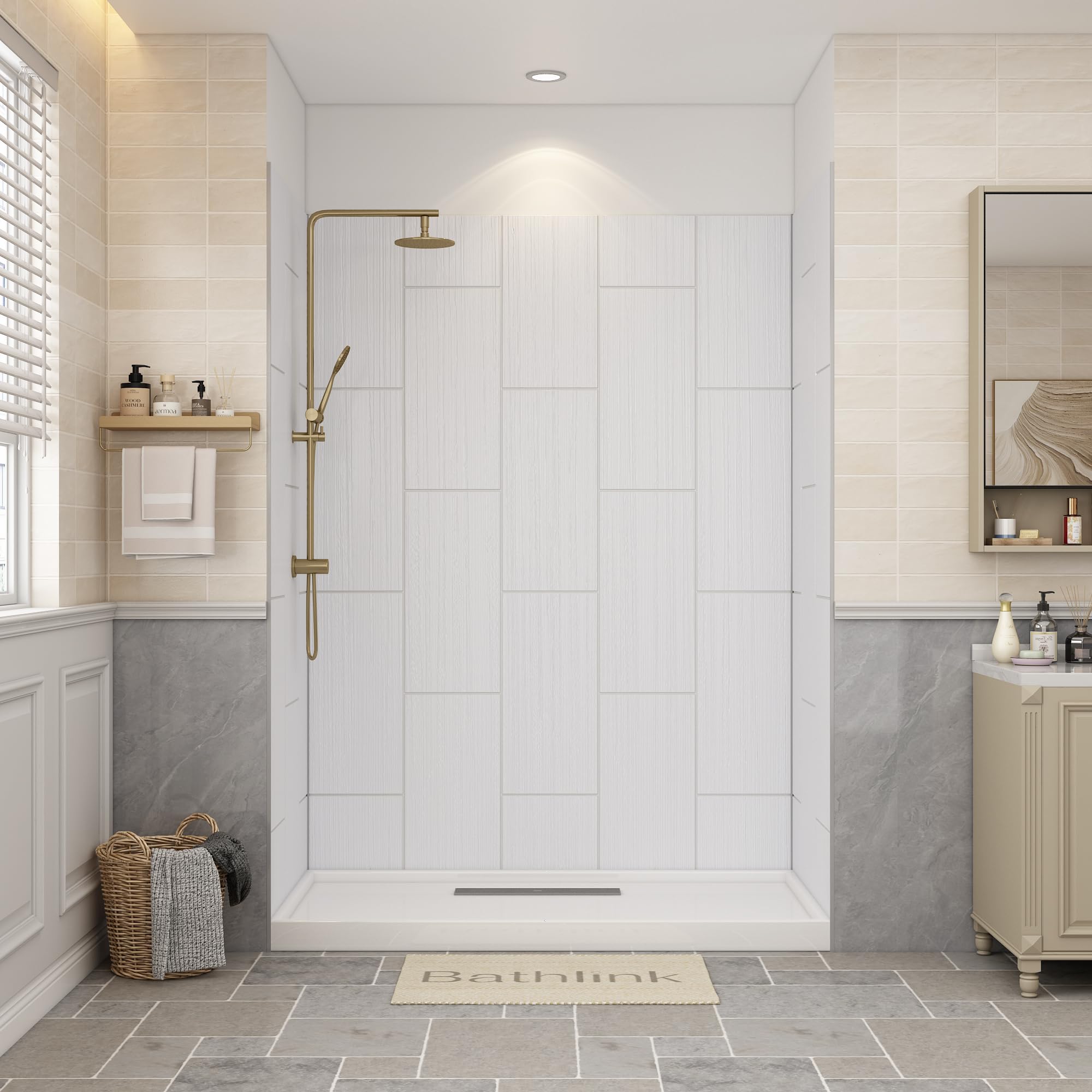 Bathlink Shower Wall Panels, 32D x 60W x 84H, Solid Surface Waterproof ...