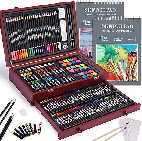 145 Piece Deluxe Art Set, Wooden Art Box with 2 Sketch Pads 50 Pages ...
