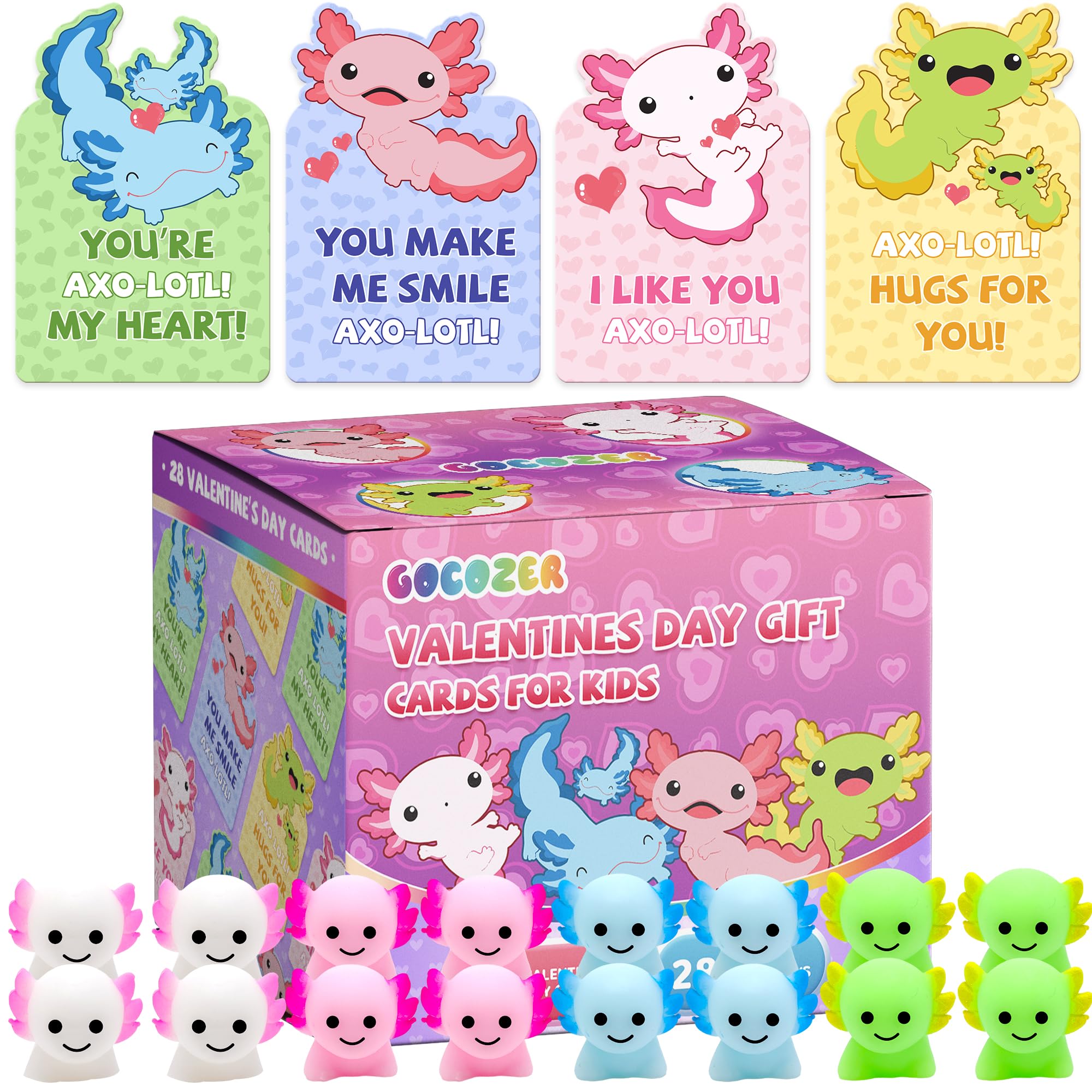 28Pack Axolotl Valentines Cards for Kids Classroom, Axolotl Squishies ...