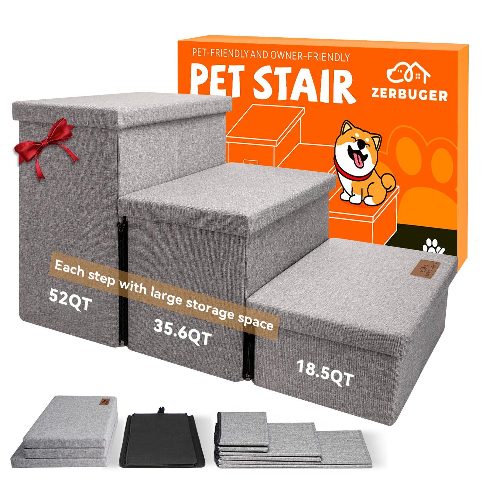 Zerbuger Dog Stairs with Storage 18" H, 3-Step Wider Dog Steps for ...