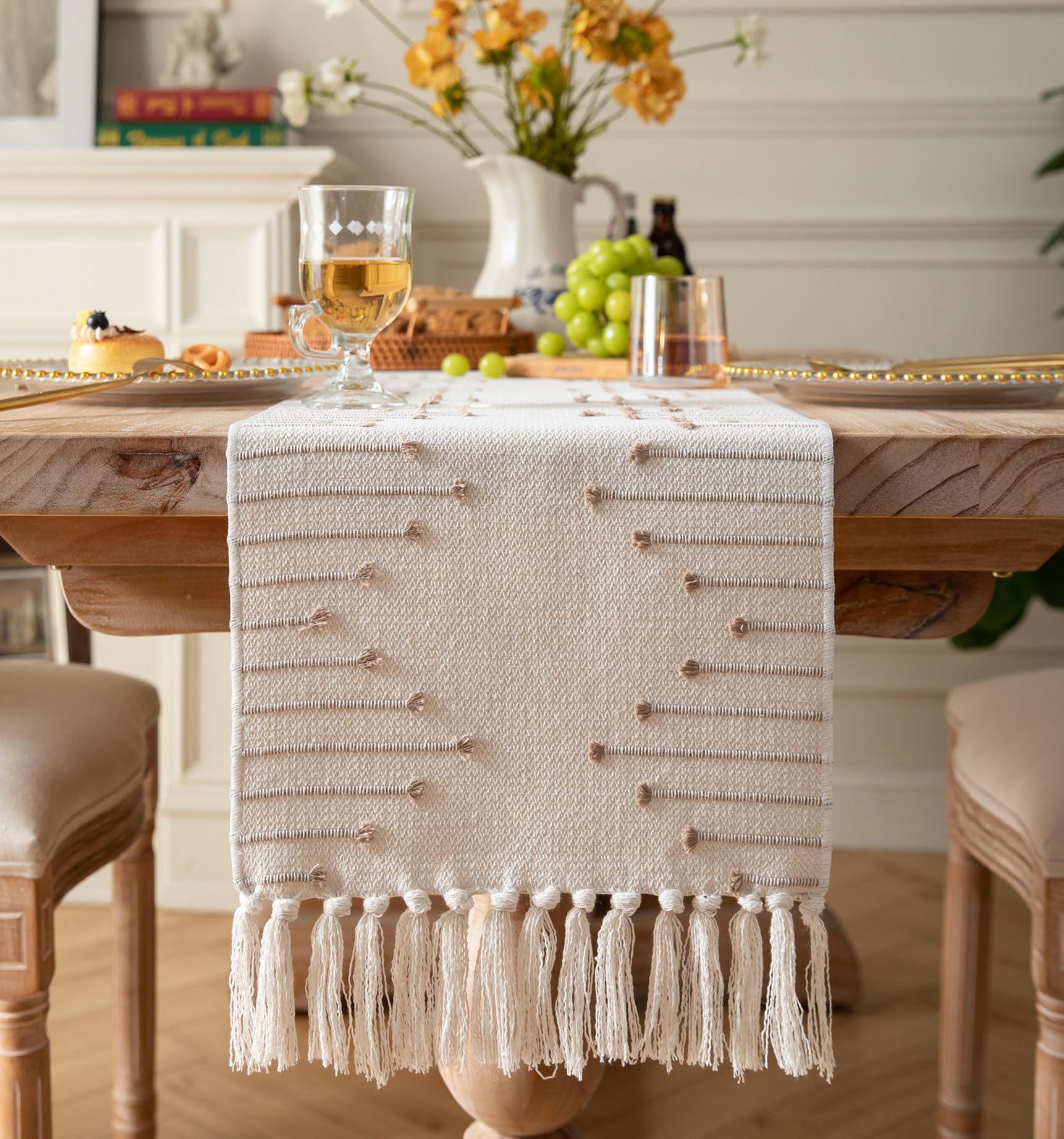 Boho Table Runner 13 x 90 Inch Long Natural Cotton Woven Runner with ...