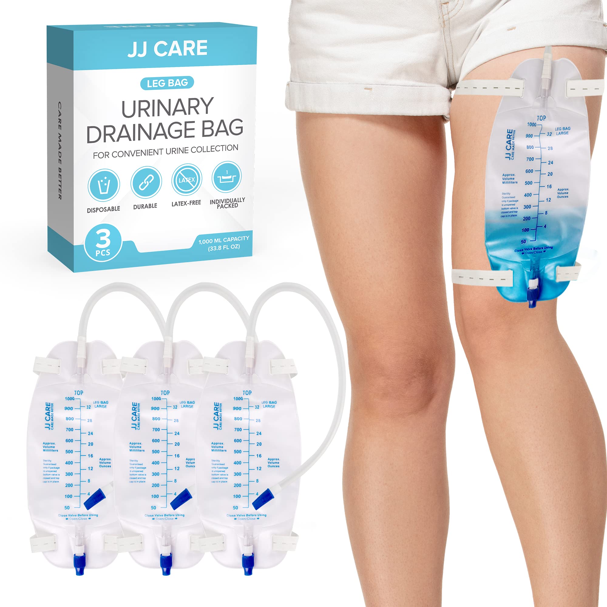 JJ CARE Urinary Drainage Leg Bag - Pack of 3 Catheter Leg Bag, Anti-Reflux Valved Disposable ...