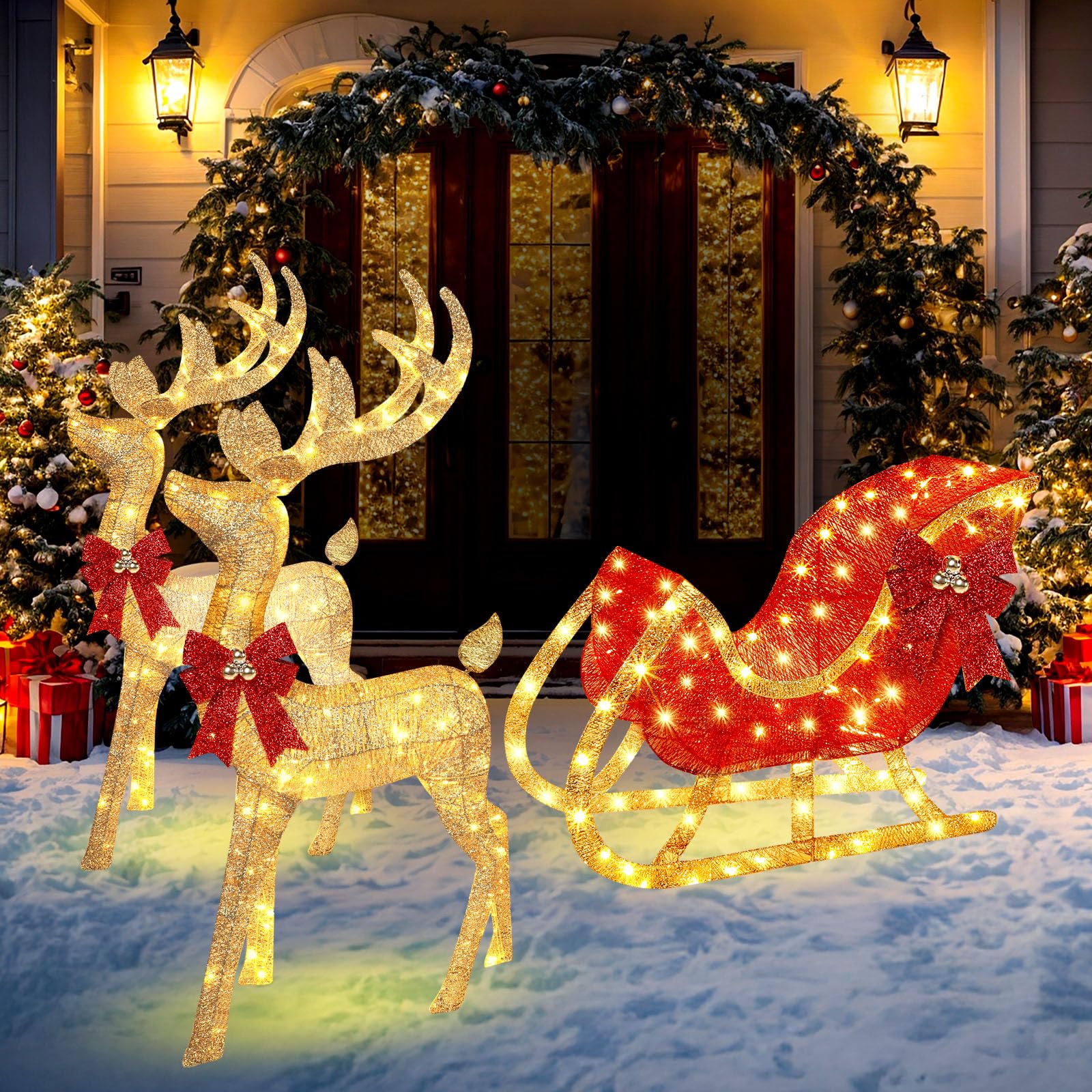 Briwooody 3 Piece Lighted Christmas Reindeer and Sleigh 4 ft Reindeer ...