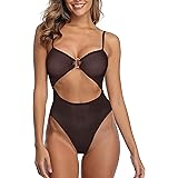 SHERRYLO Sheer One Piece Thong Swimsuit for Women Sexy Plunging See Thru Monokini High Cut ...