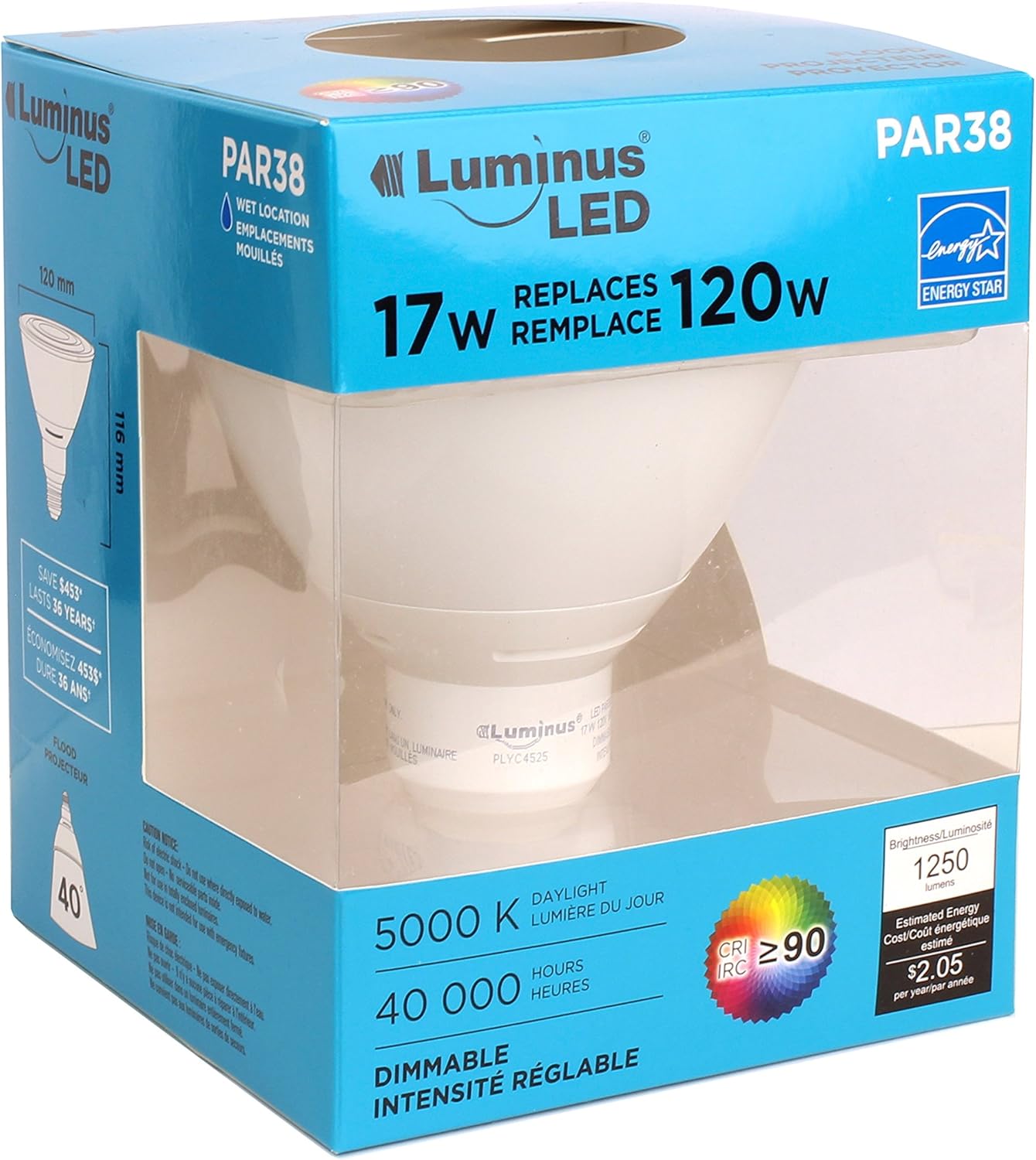 Luminus PLYC4545 Par38 Flood 90 CRI - 17W (120W) 1250 Lumens Daylight ...