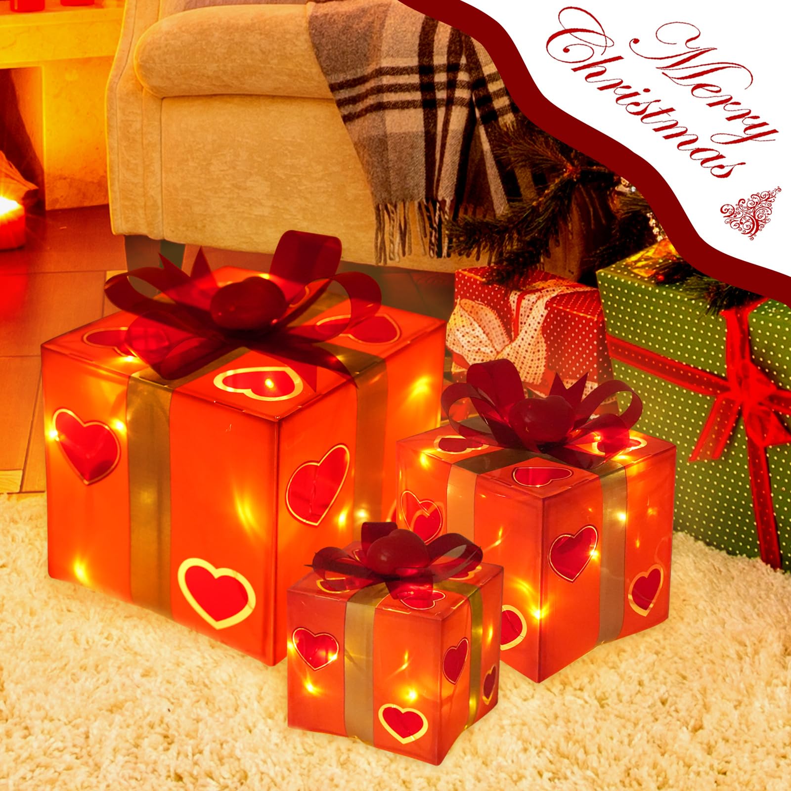 Set of 3 Valentines Day Pink Heart Lighted Gift Boxes, PVC Love Boxes ...