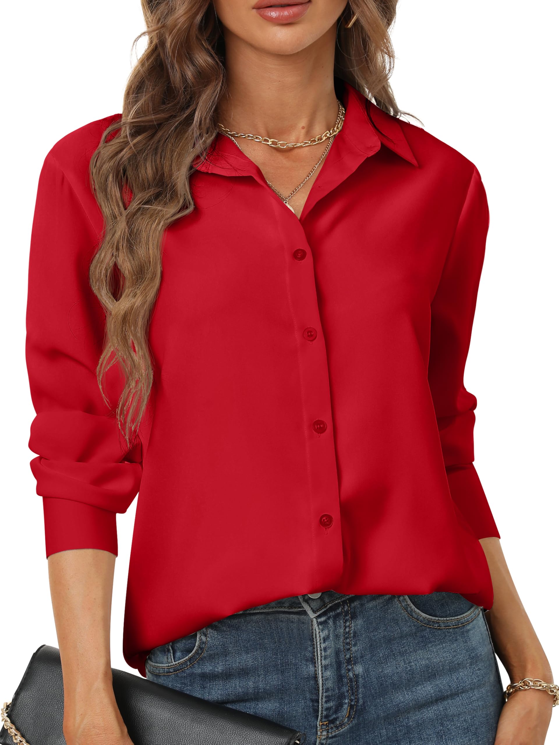 Red Top Button Down Shirt Long Sleeves V Neck Tops Elegant Chiffon ...