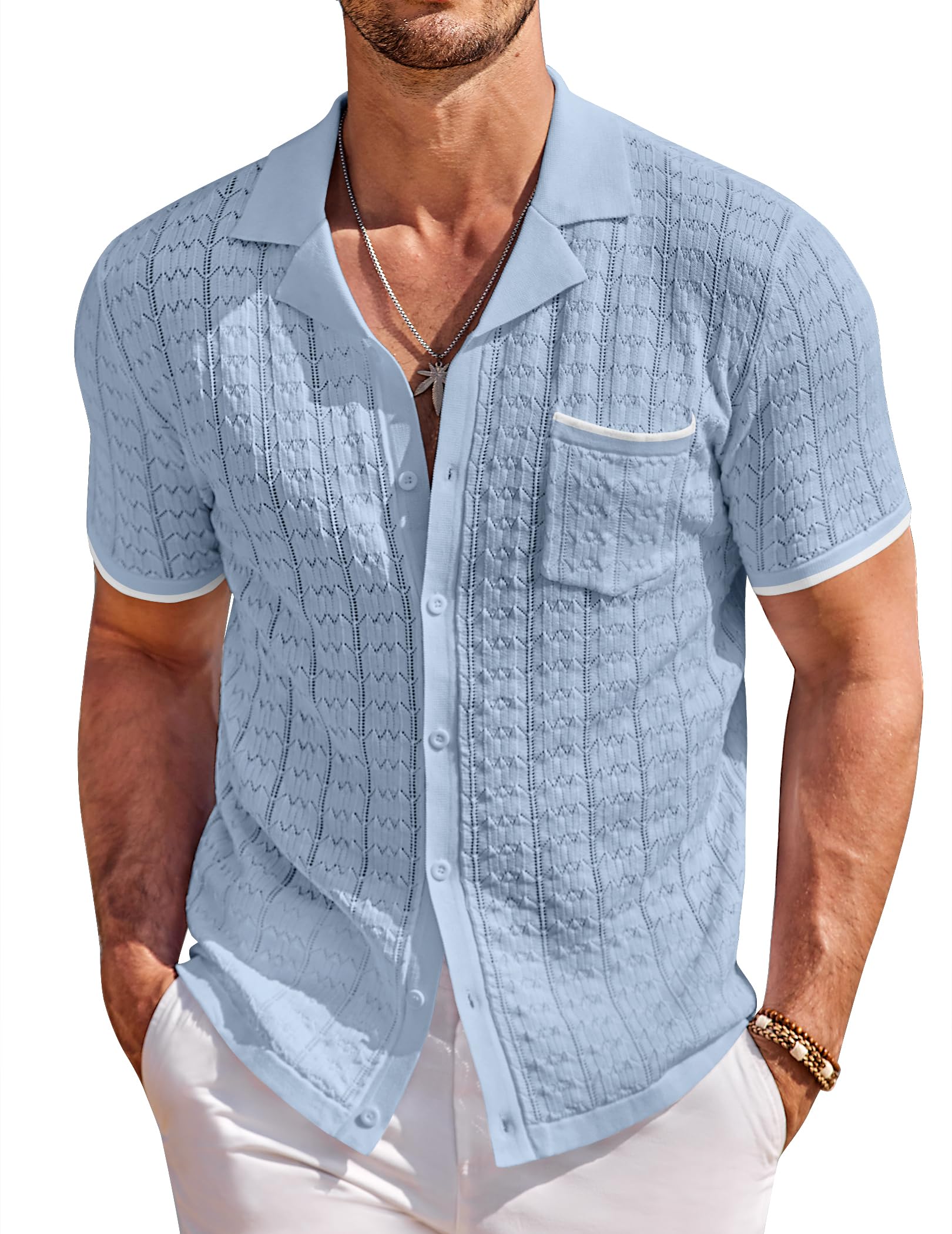 COOFANDY Men's Knit Button Down Shirt Short Sleeve Vintage Polo Shirts Summer Casual Beach Tops ...