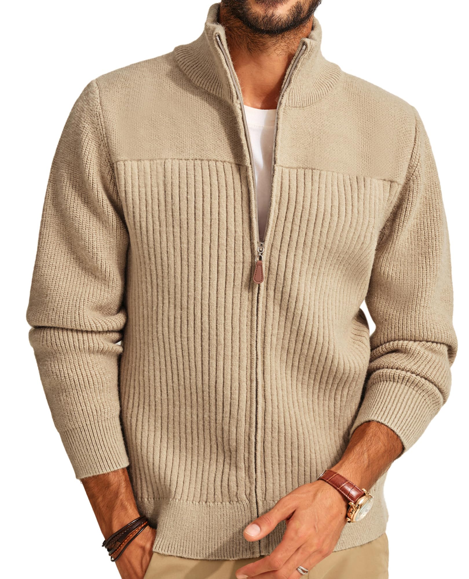 PJ PAUL JONES Men's Full Zip Cardigan Sweater Casual Stand Collar ...