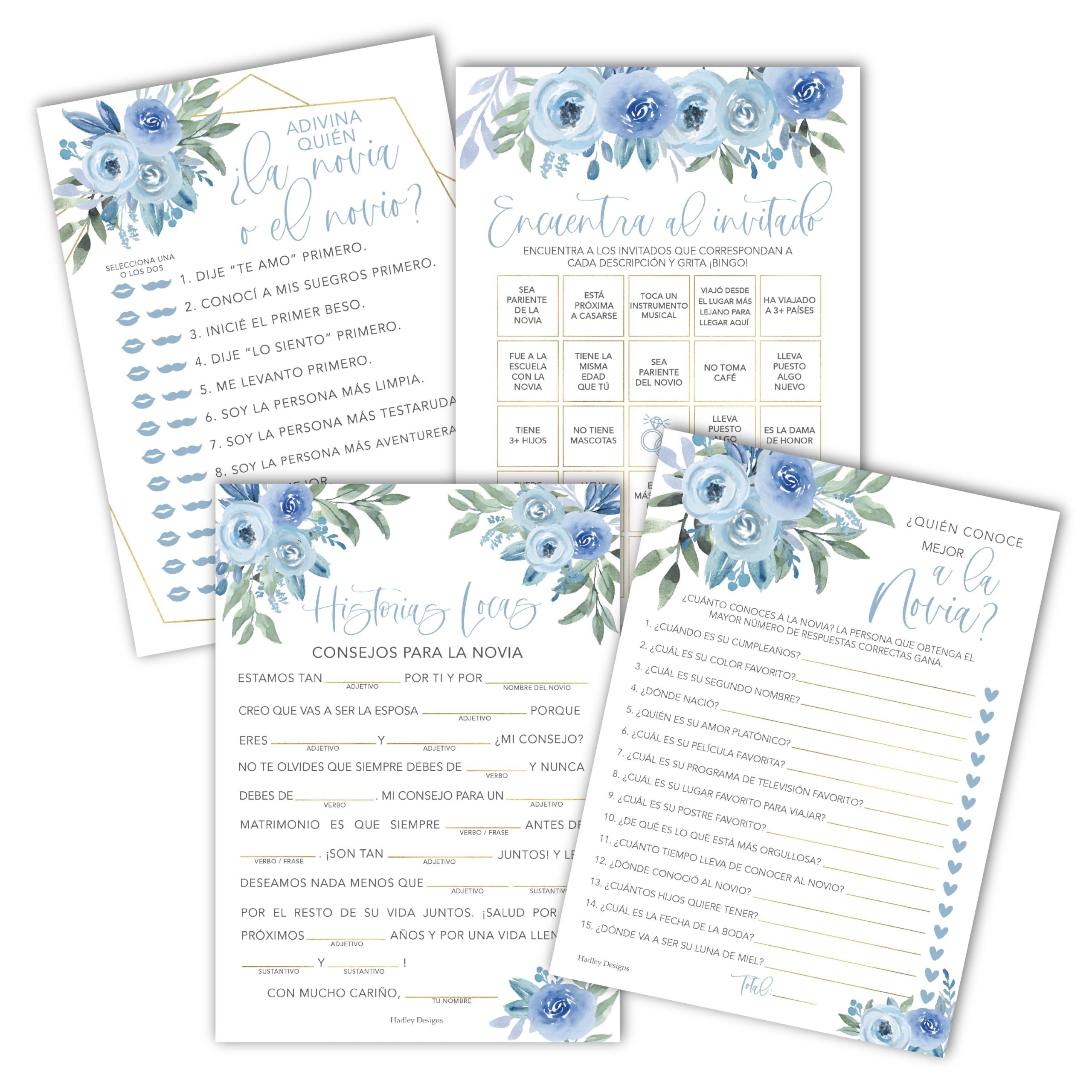 Hadley Designs Dusty Blue Spanish Bridal Shower Games 20 Guests-Juegos ...