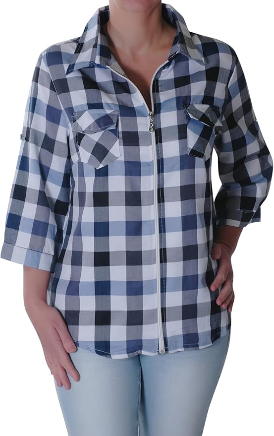 Eyecatch - Ladies Zip Up Checkered Casual Womens Sleeve Plus Size Check ...