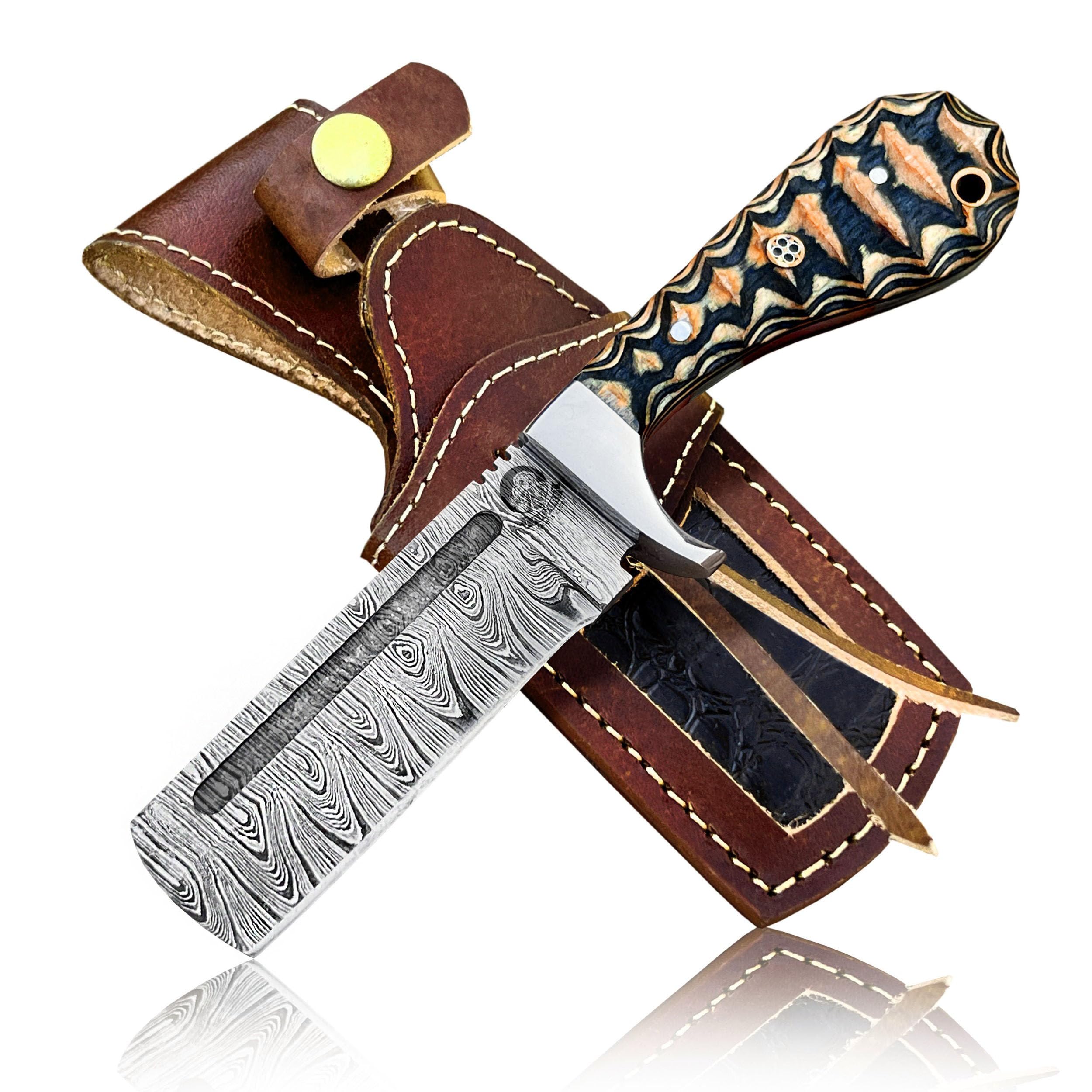 VULTURE CRAFTS CLUB Damascus Steel Bull Cutter Knife with leather ...