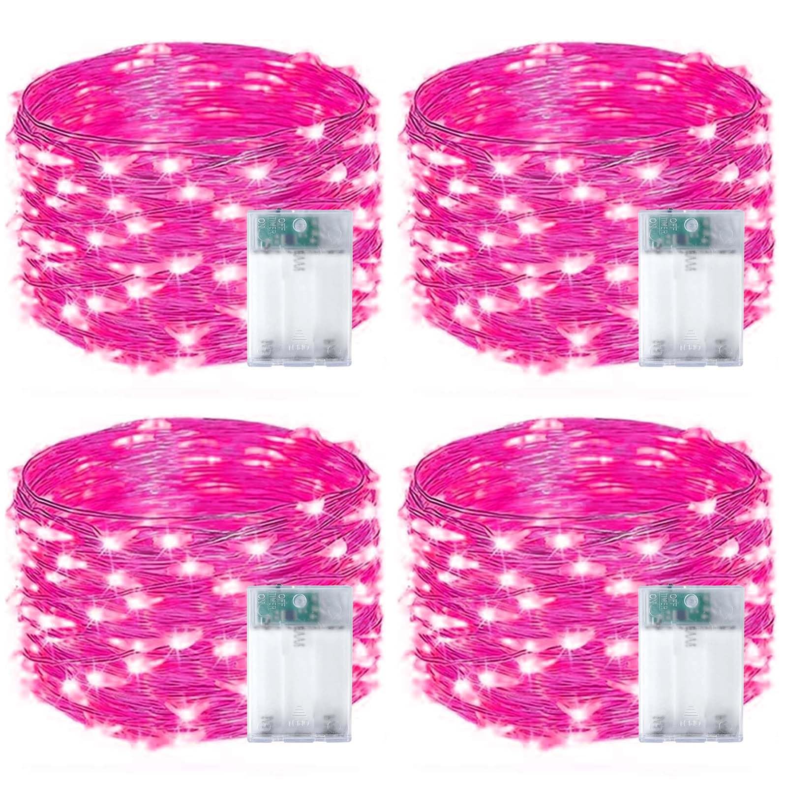4-Pack 50 LED Pink Fairy Lights Battery Operated with Timer, 16FT ...