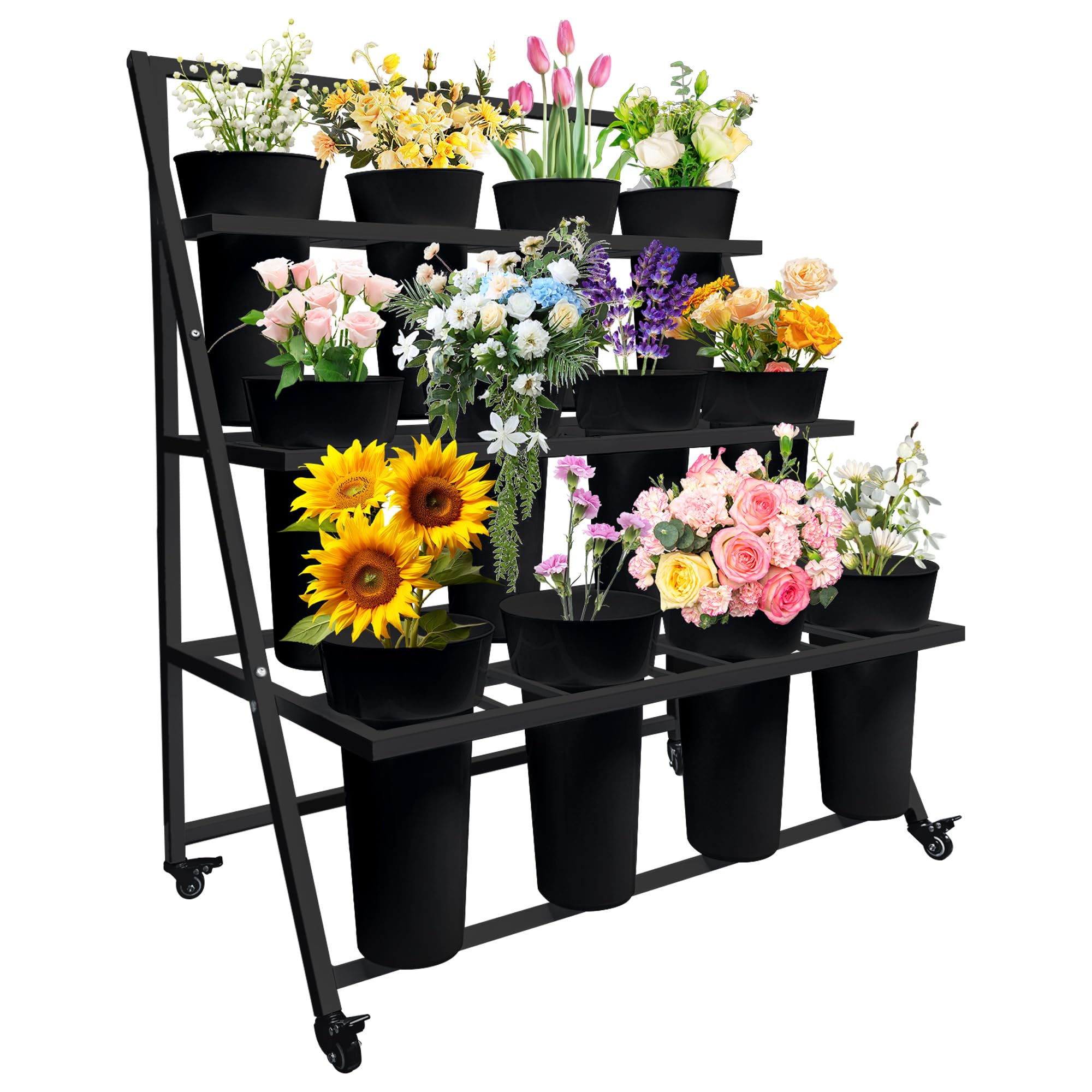 PROLEE Flower Display Stand with 12 Buckets, Flower Cart 3 Layers ...
