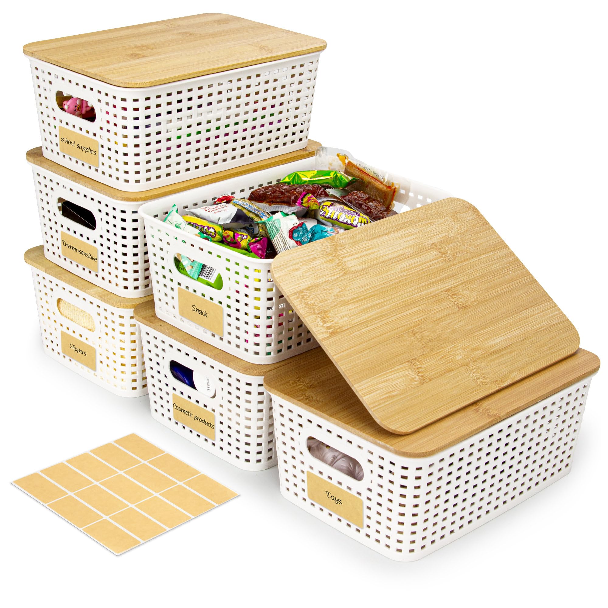 MOSANEE Small Plastic Storage Bins with Bamboo Lids 6 Packs,Decorative ...